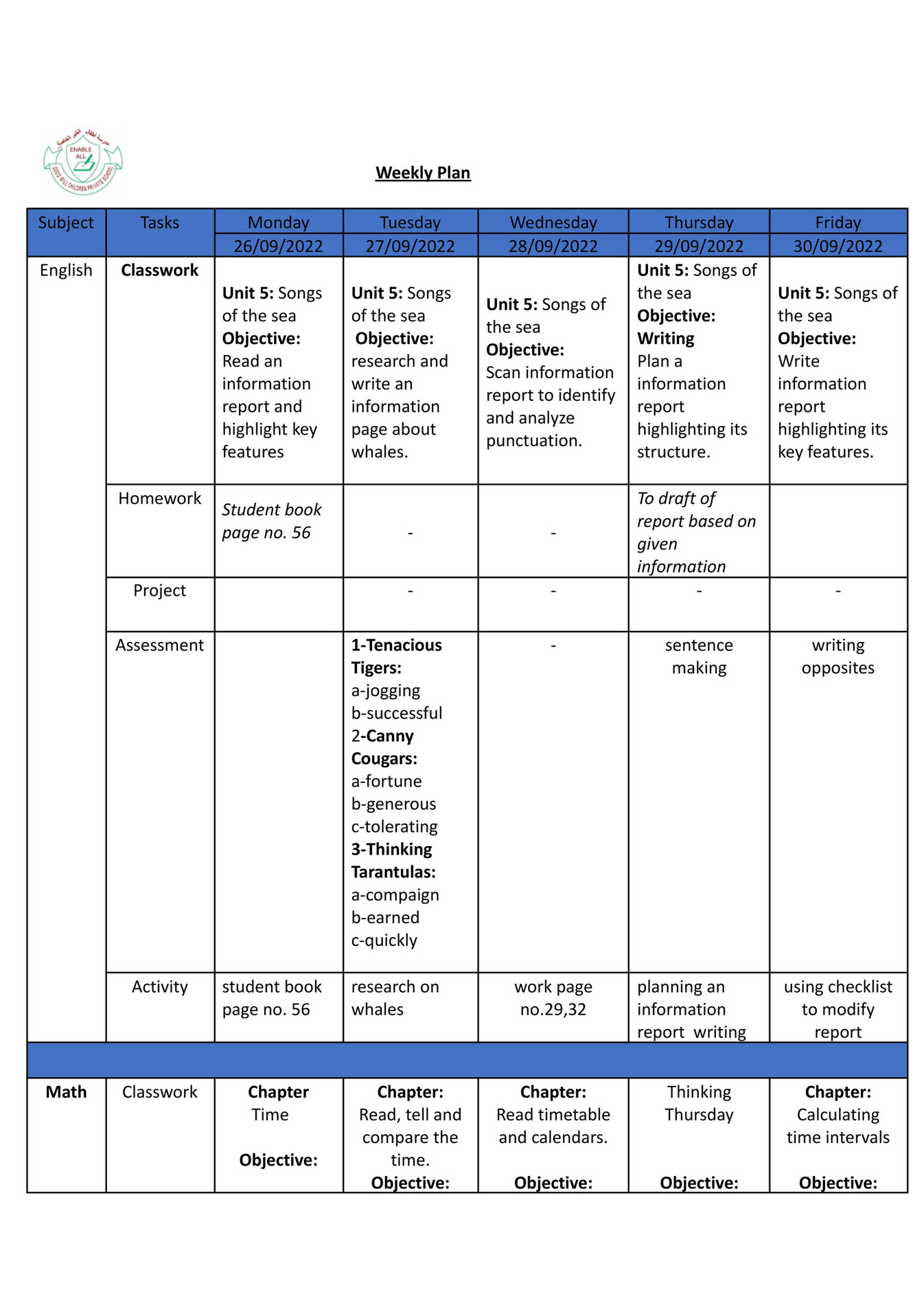 Good Will Children School - Weekly Plan- 2022-23-GR-4 - Page 1 ...