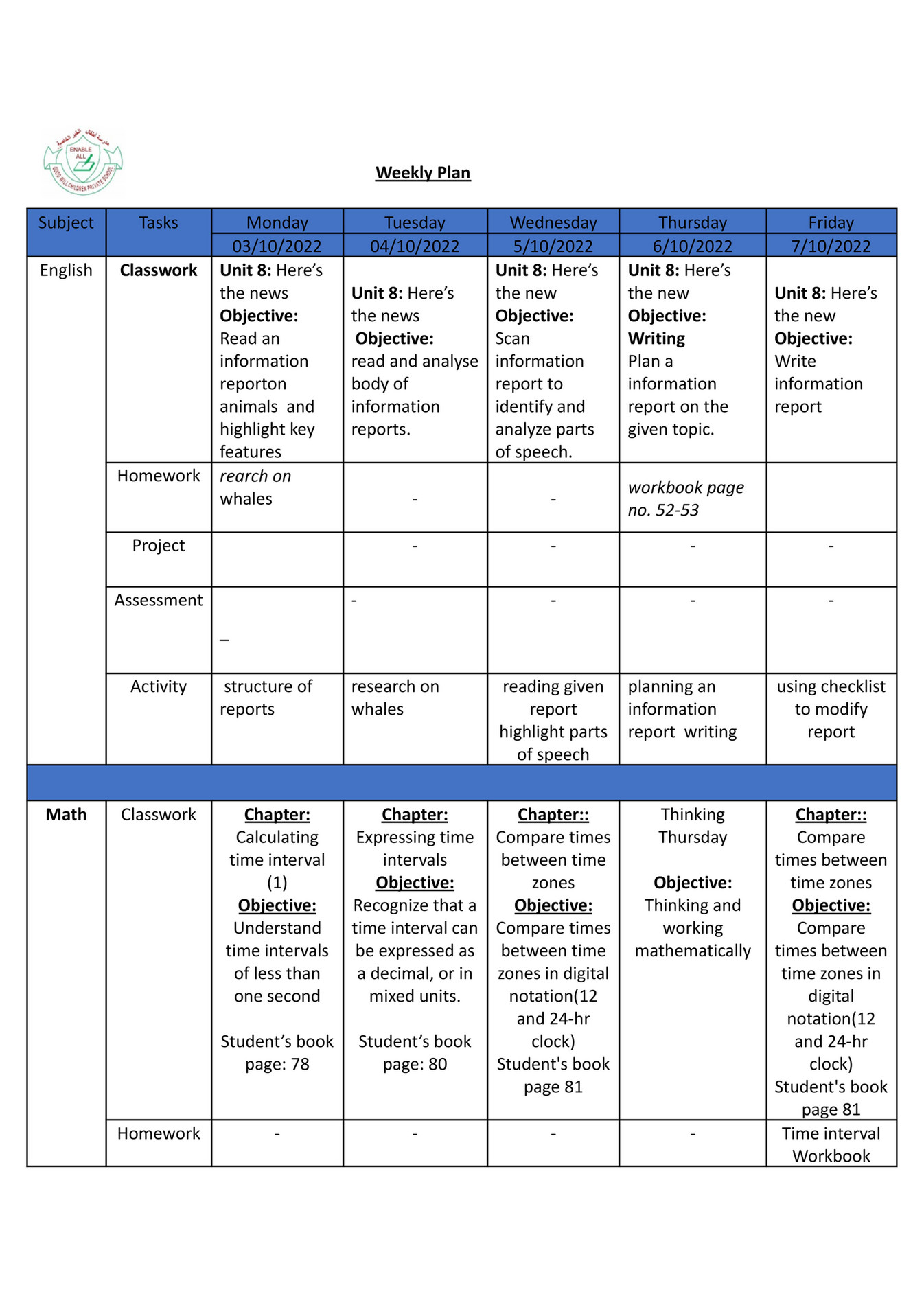 Good Will Children School - GR 4 -Weekly Plan-Week6 - Page 2-3 ...