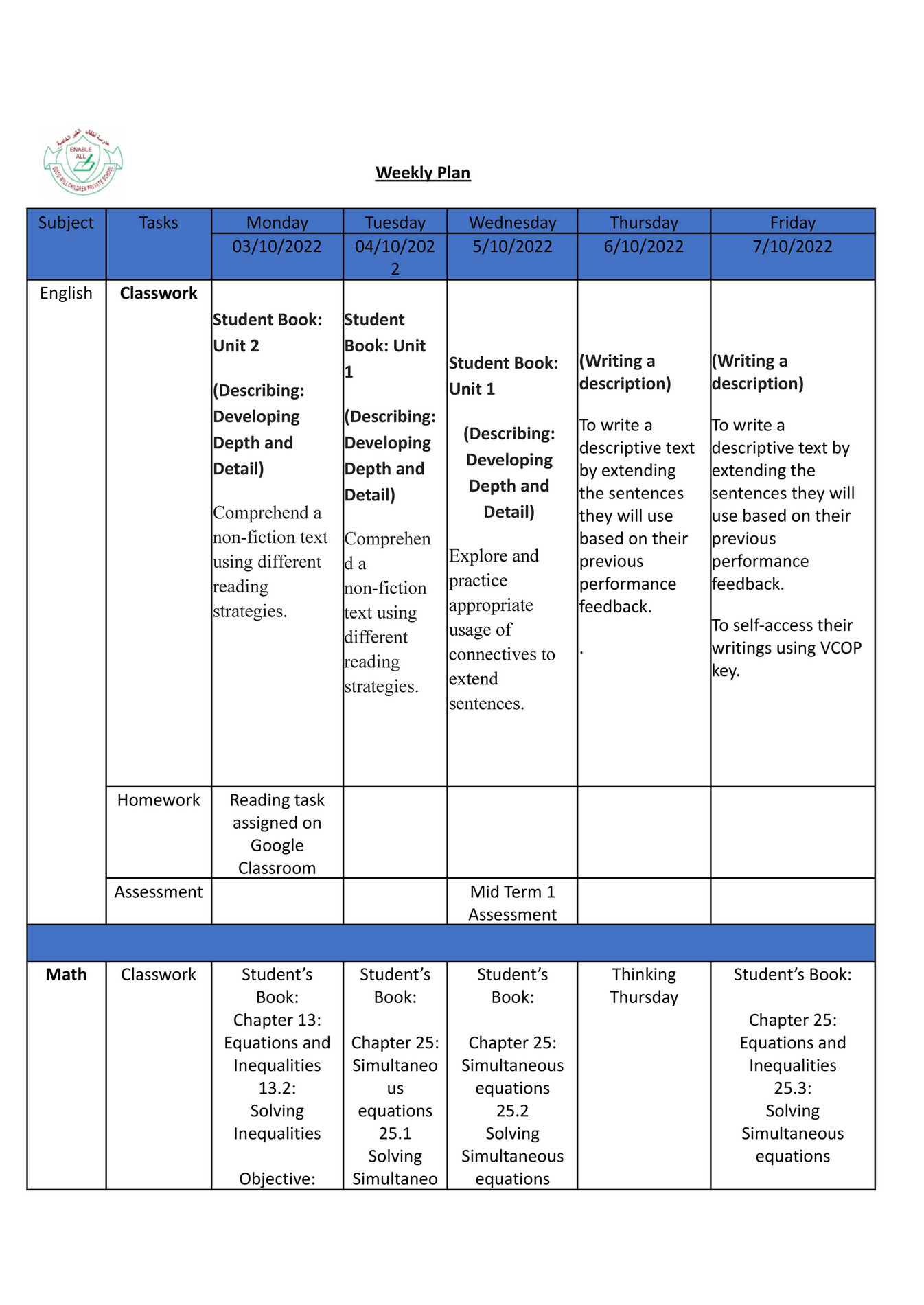 Good Will Children School - GR 8 -Weekly Plan-Week6 - Page 1 - Created ...