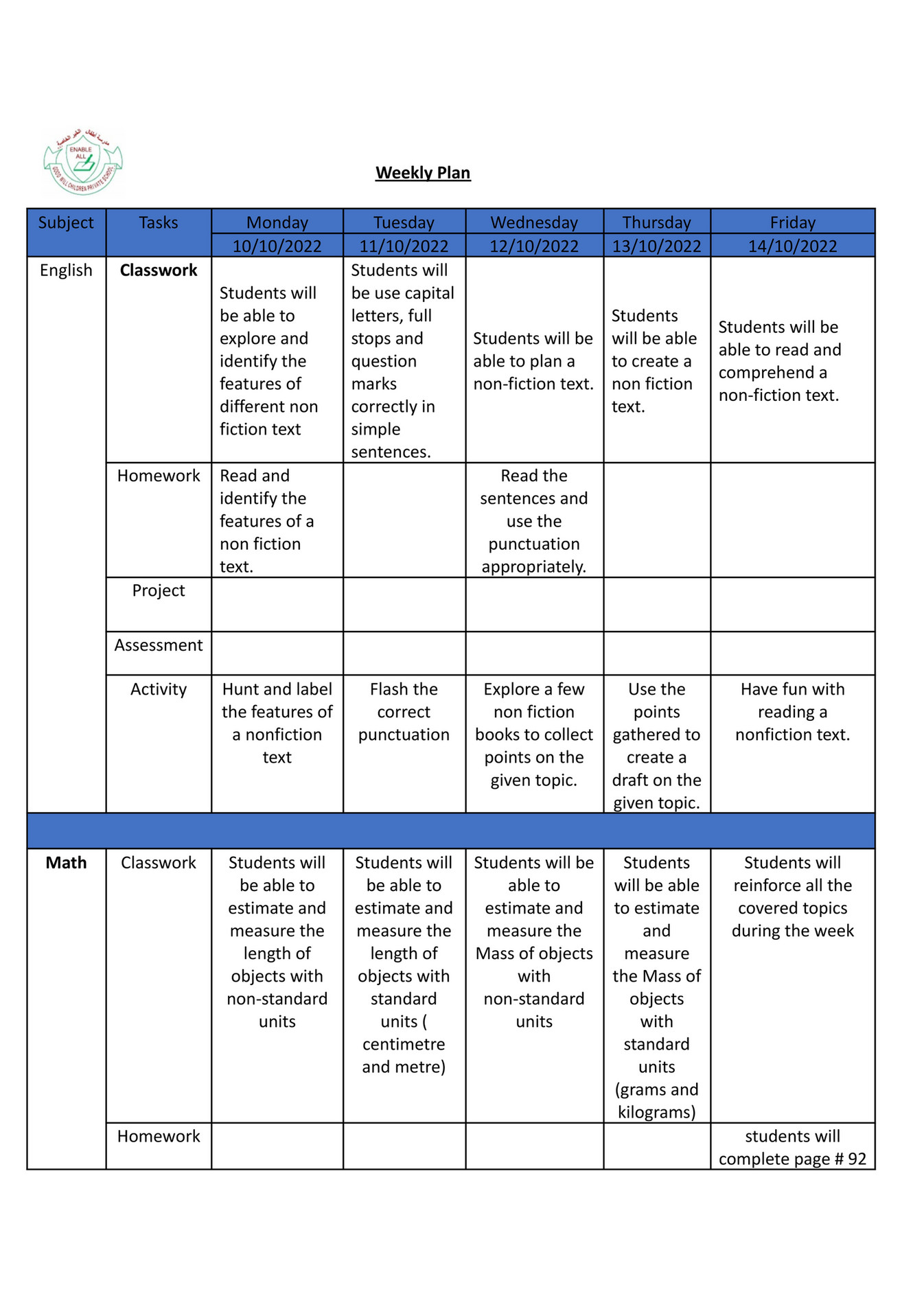 Good Will Children School - GR 1 Weekly Plan Template week 7 - Page 1 ...