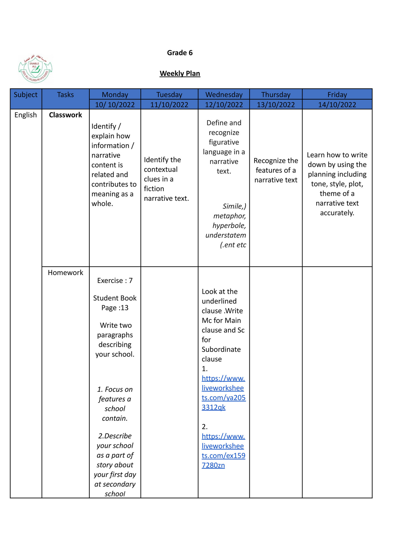 Good Will Children School - GR 6 Weekly Plan Template week 7 - Page 1 ...