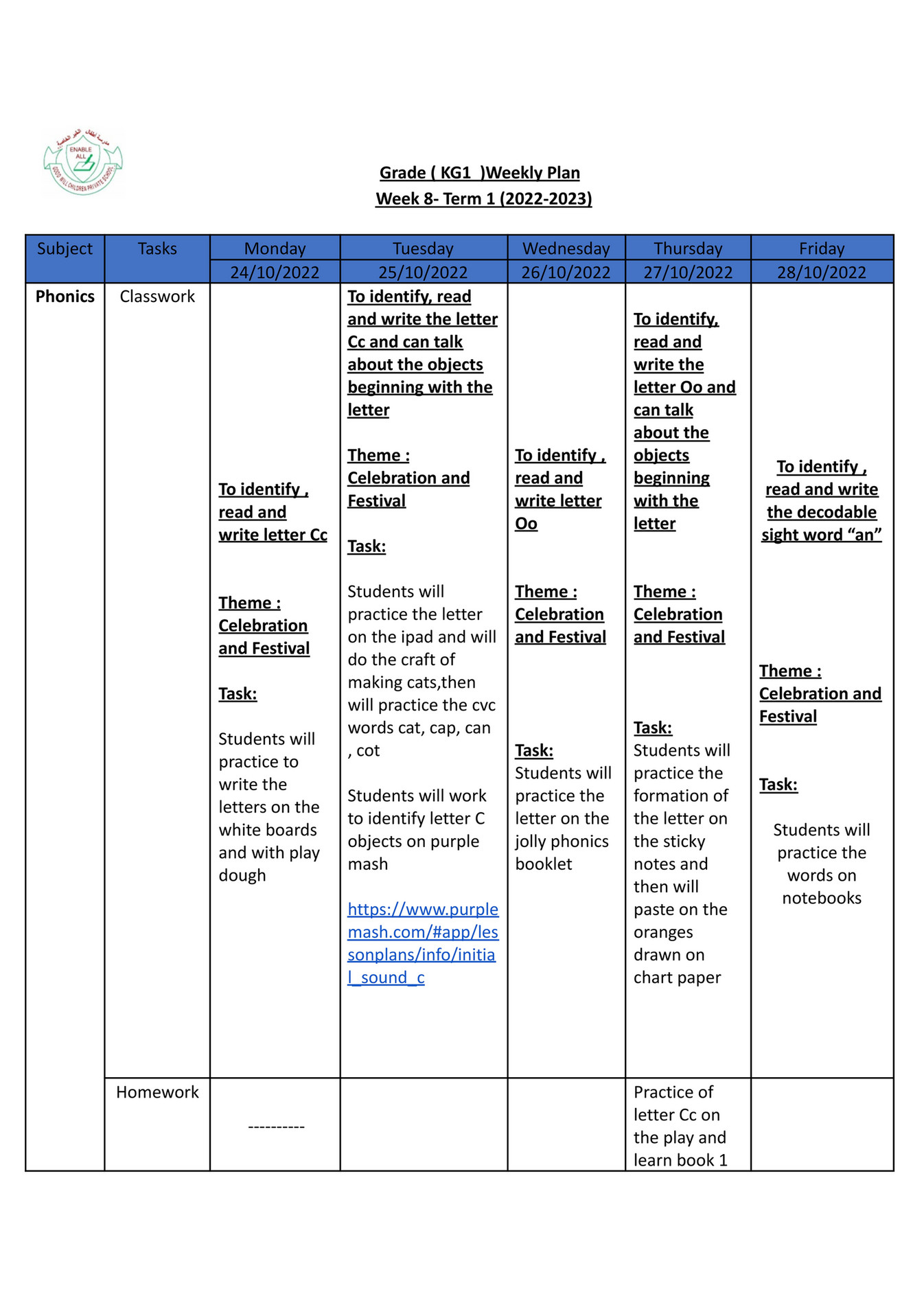 Good Will Children School KG1 Weekly Plan Week 8 Term 1 2022 2023