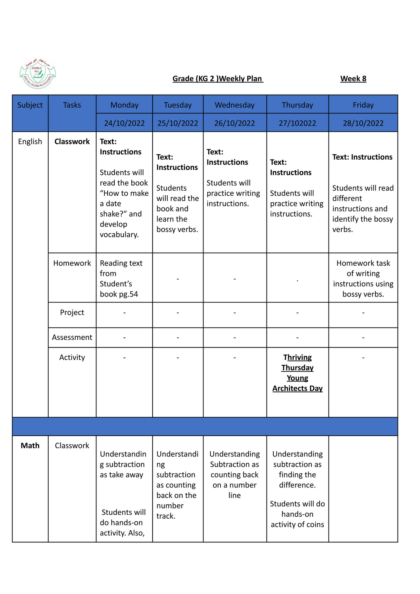 Good Will Children School - KG2 Weekly Plan Week 8- Term 1 (2022-2023 ...