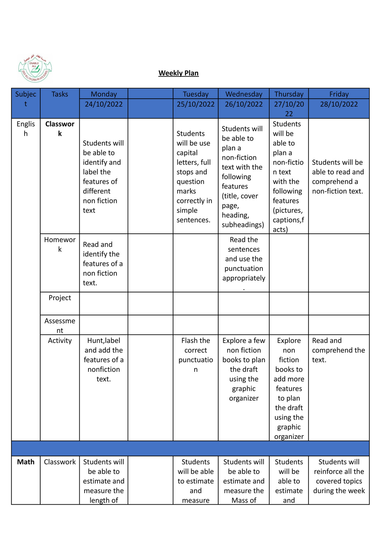 Good Will Children School - GR 1 Weekly Plan Week 8- Term 1 (2022-2023 ...