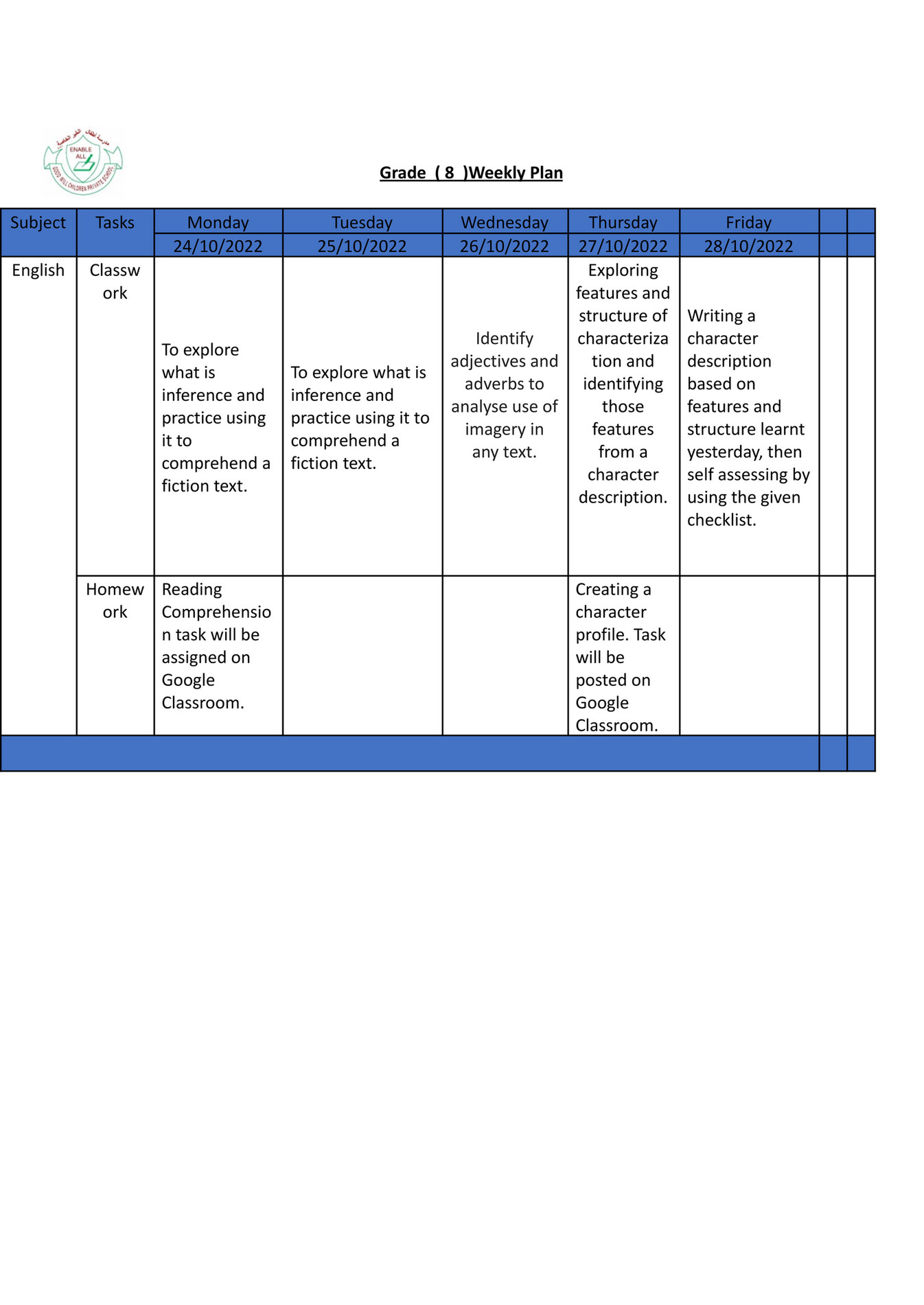Good Will Children School - GR 8 Weekly Plan Week 8- Term 1 (2022-2023 ...