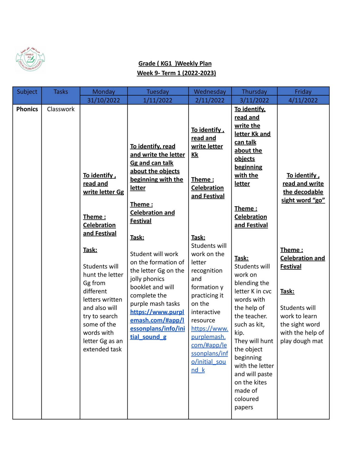 Good Will Children School - KG 1 -Weekly Plan-Week 9 - Page 1 - Created ...