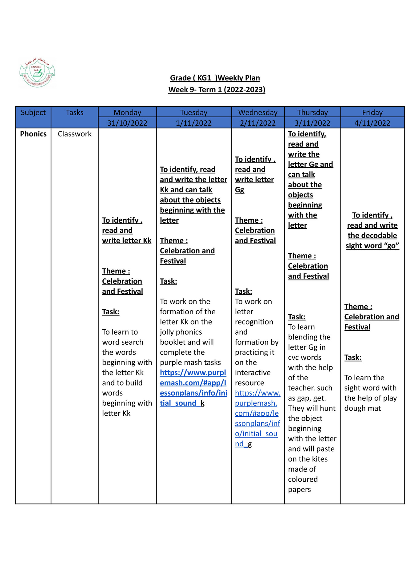 Good Will Children School - KG 1 -Weekly Plan-Week 9 - Page 1 - Created ...