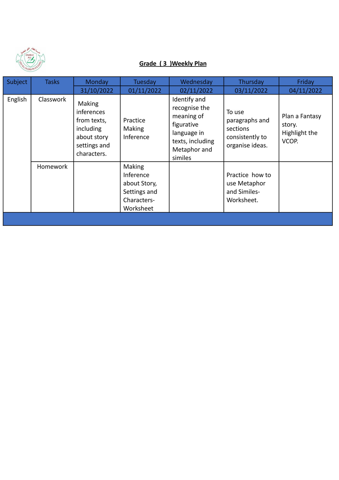 Good Will Children School - GR 3 -Weekly Plan-Week 9 - Page 1 - Created ...