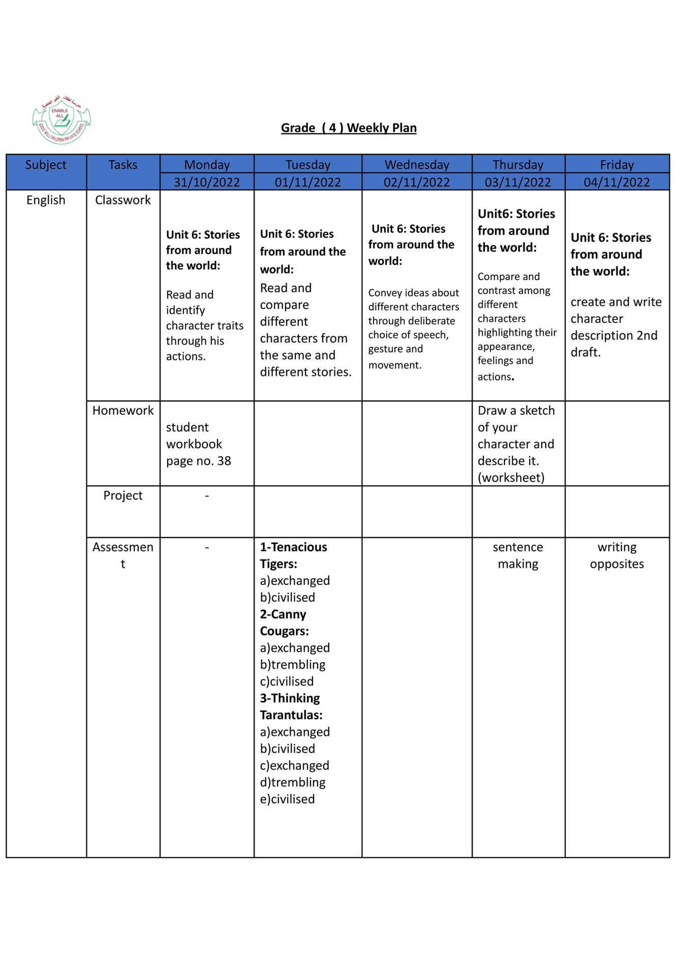 Good Will Children School - GR 4 -Weekly Plan-Week 9 - Page 1 - Created ...