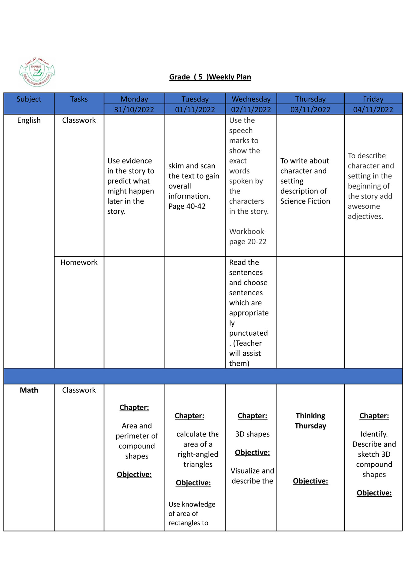 Good Will Children School - GR 5 -Weekly Plan-Week 9 - Page 1 - Created ...