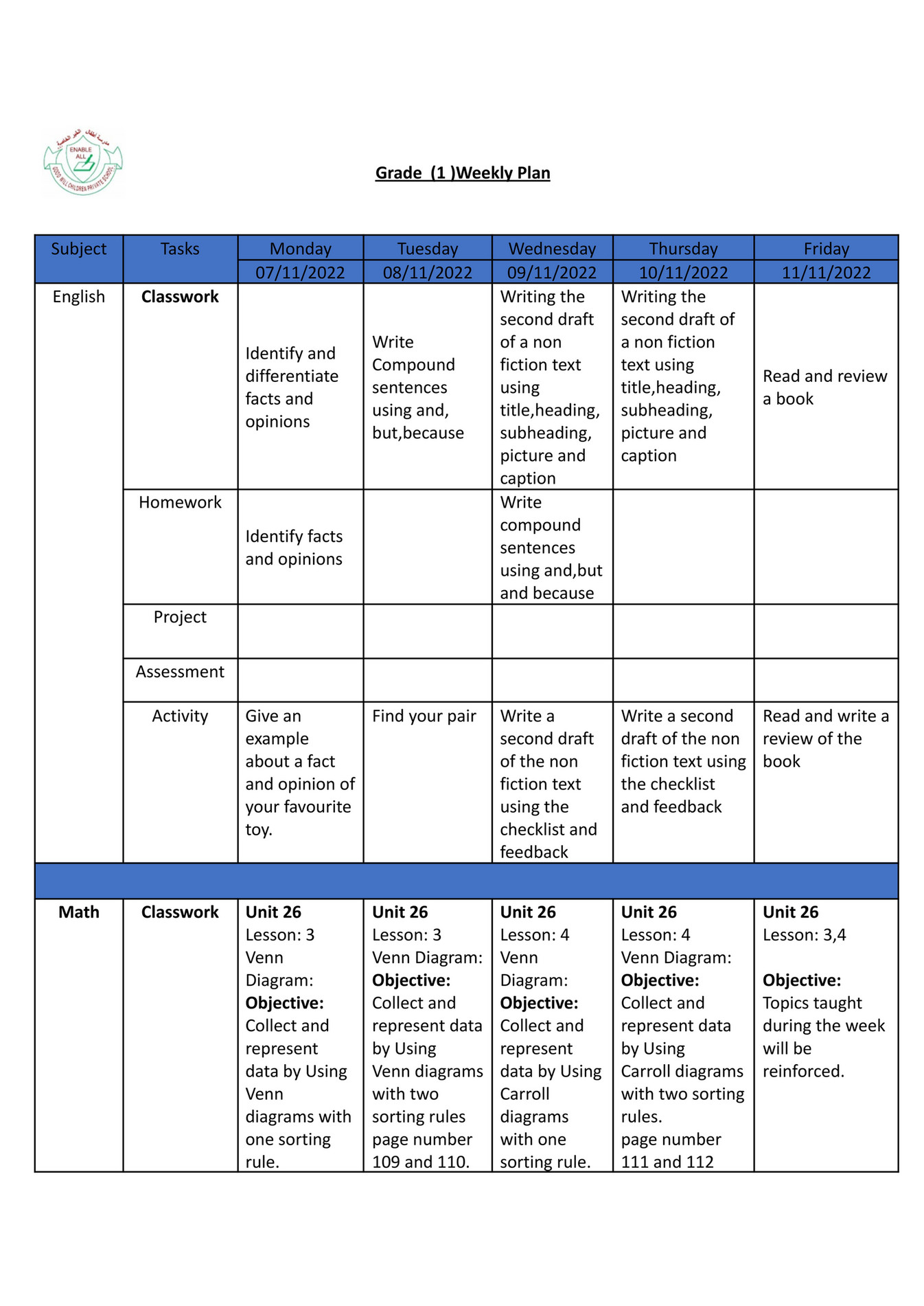 Good Will Children School - GR 1 -Weekly Plan-Week 10 - Page 1 ...