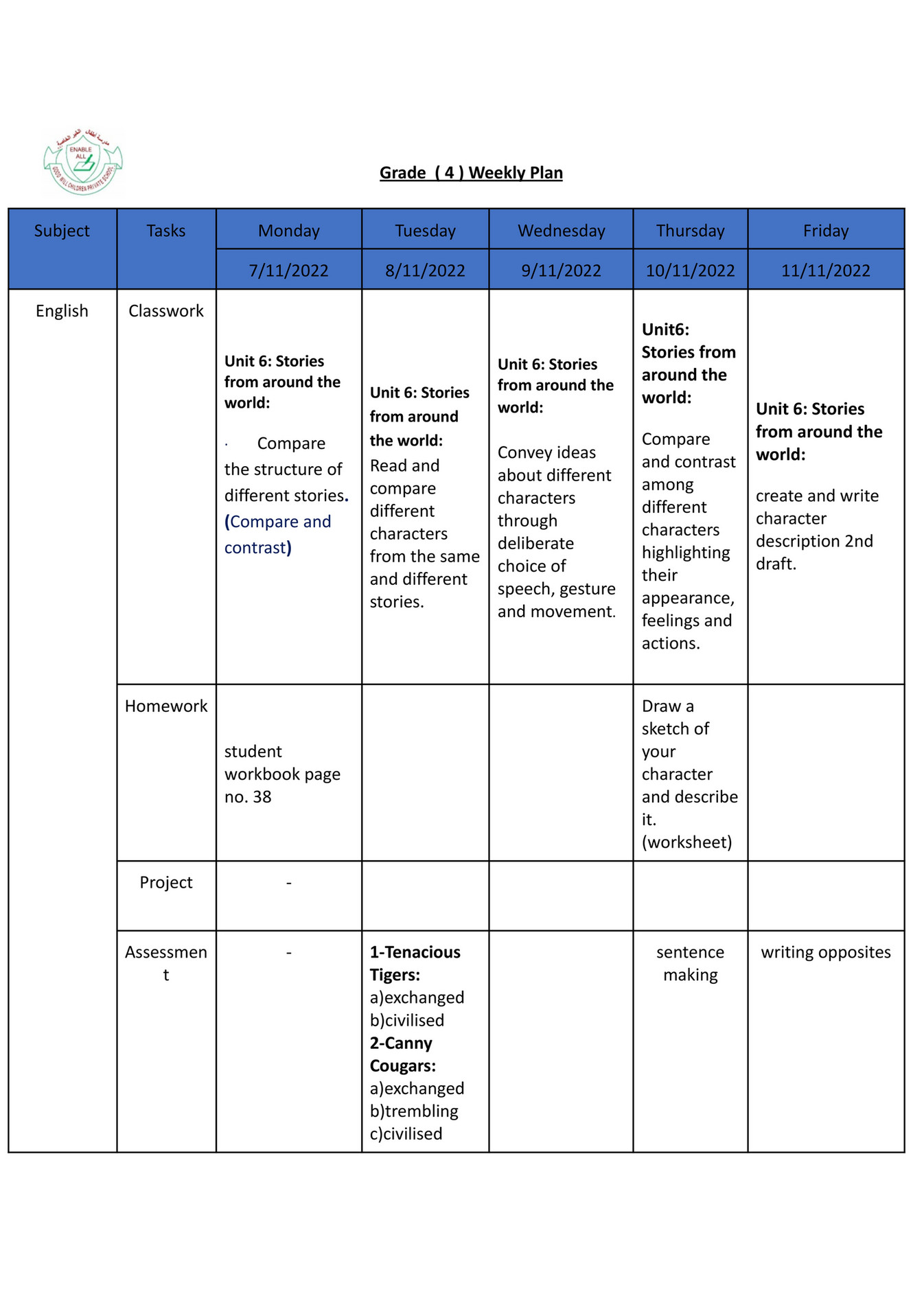 Good Will Children School - GR 4 -Weekly Plan-Week 10 - Page 1 ...