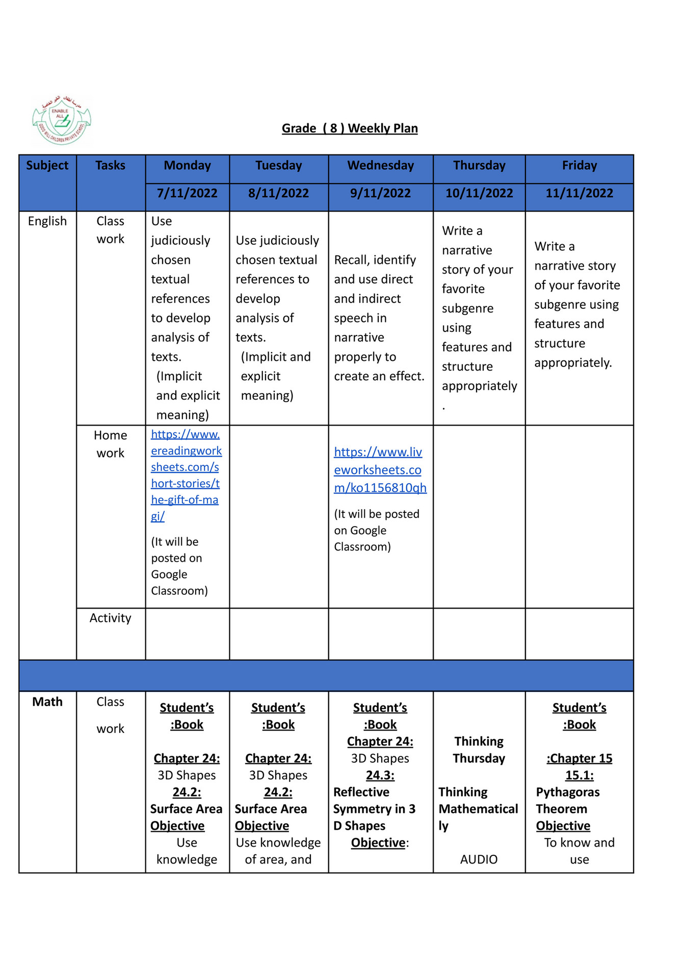 Good Will Children School - GR 8 -Weekly Plan-Week 10 - Page 1 ...