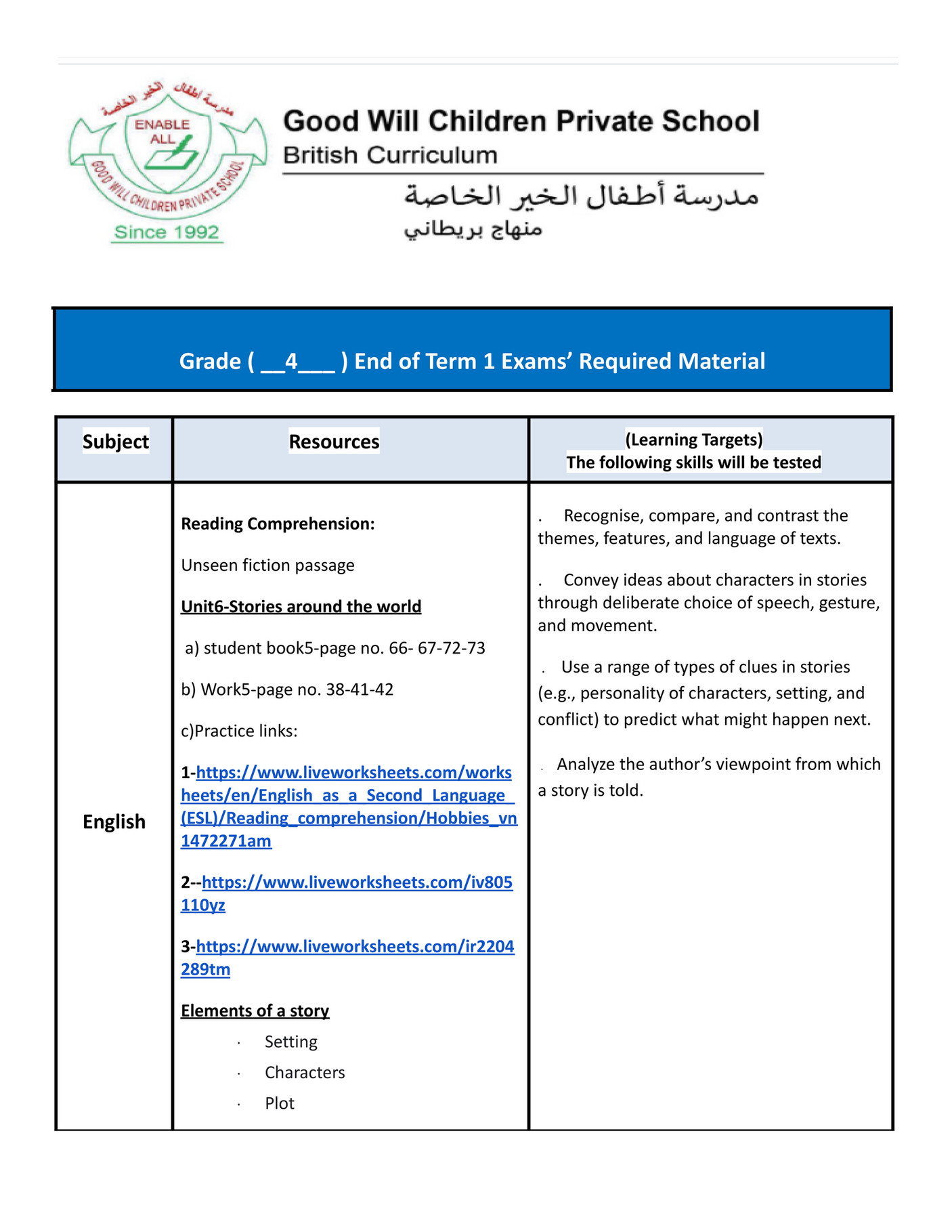 Good Will Children School - G.4. End of Term 1 Exam Required Materials ... Good Will Children School - G.4. End of Term 1 Exam Required Materials ...