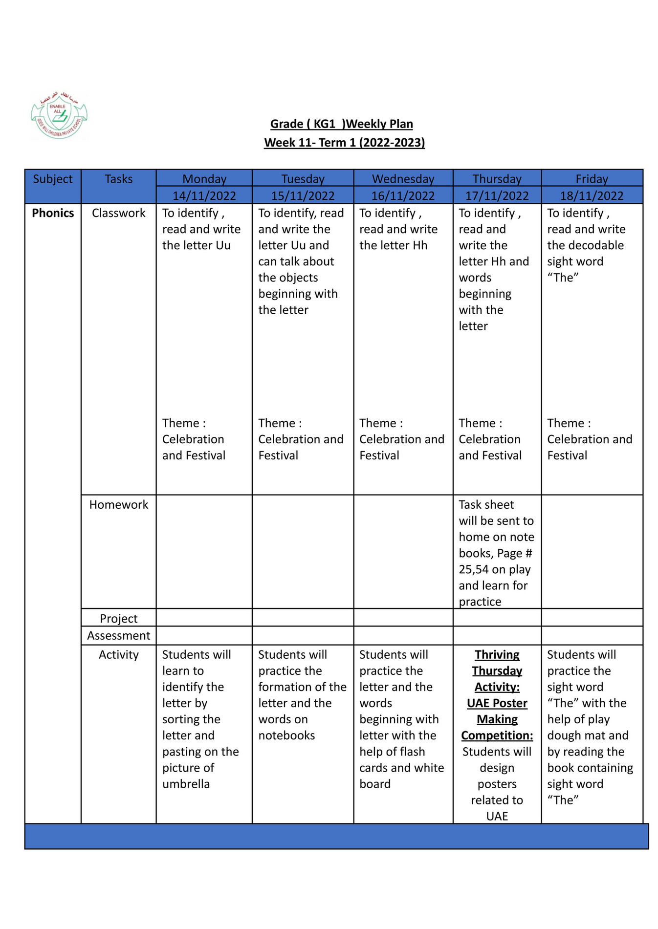 Good Will Children School - KG 1 -Weekly Plan-Week 11 - Page 1 ...
