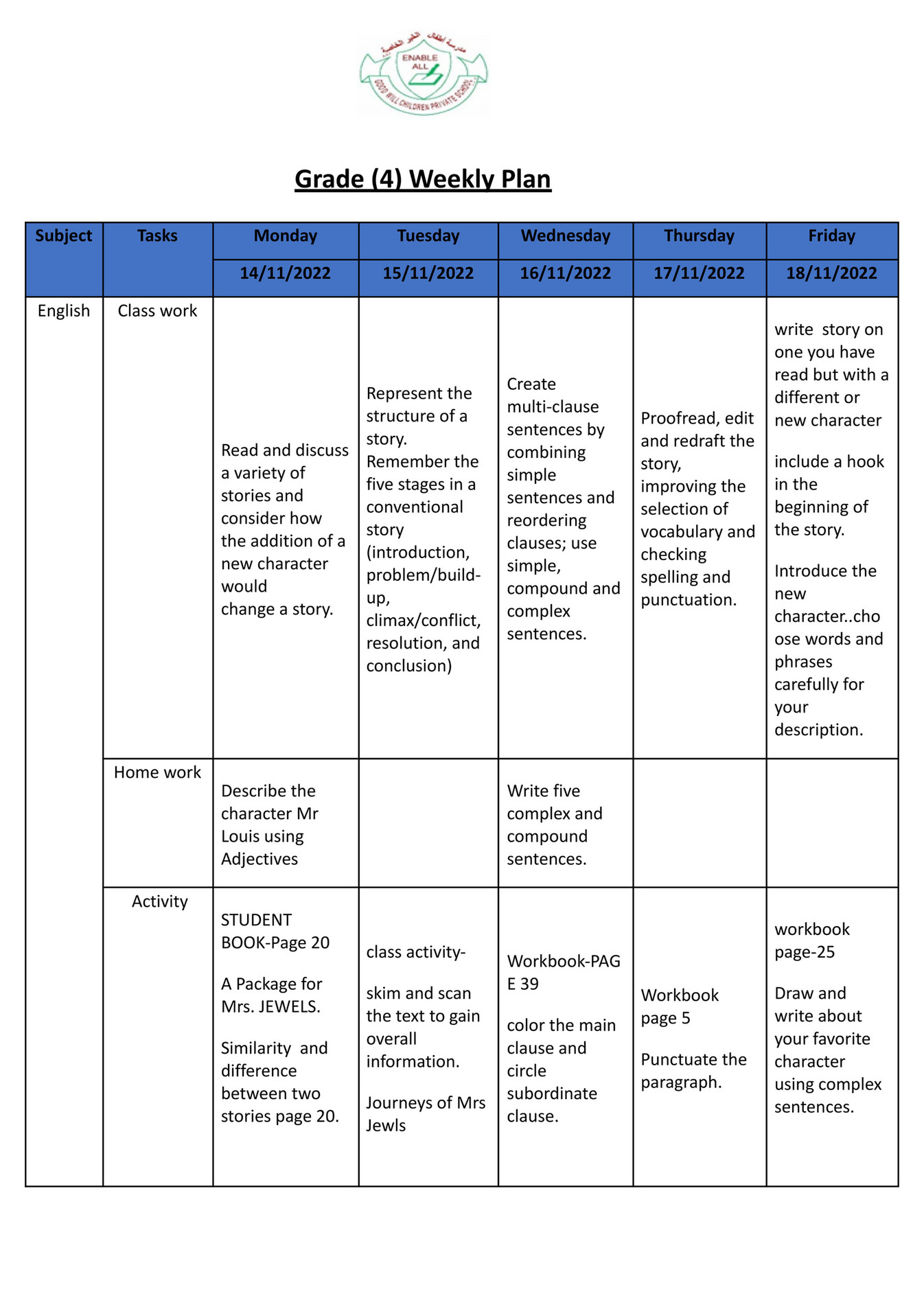 Good Will Children School - GR 4 -Weekly Plan-Week 11 - Page 1 - Created with Publitas.com