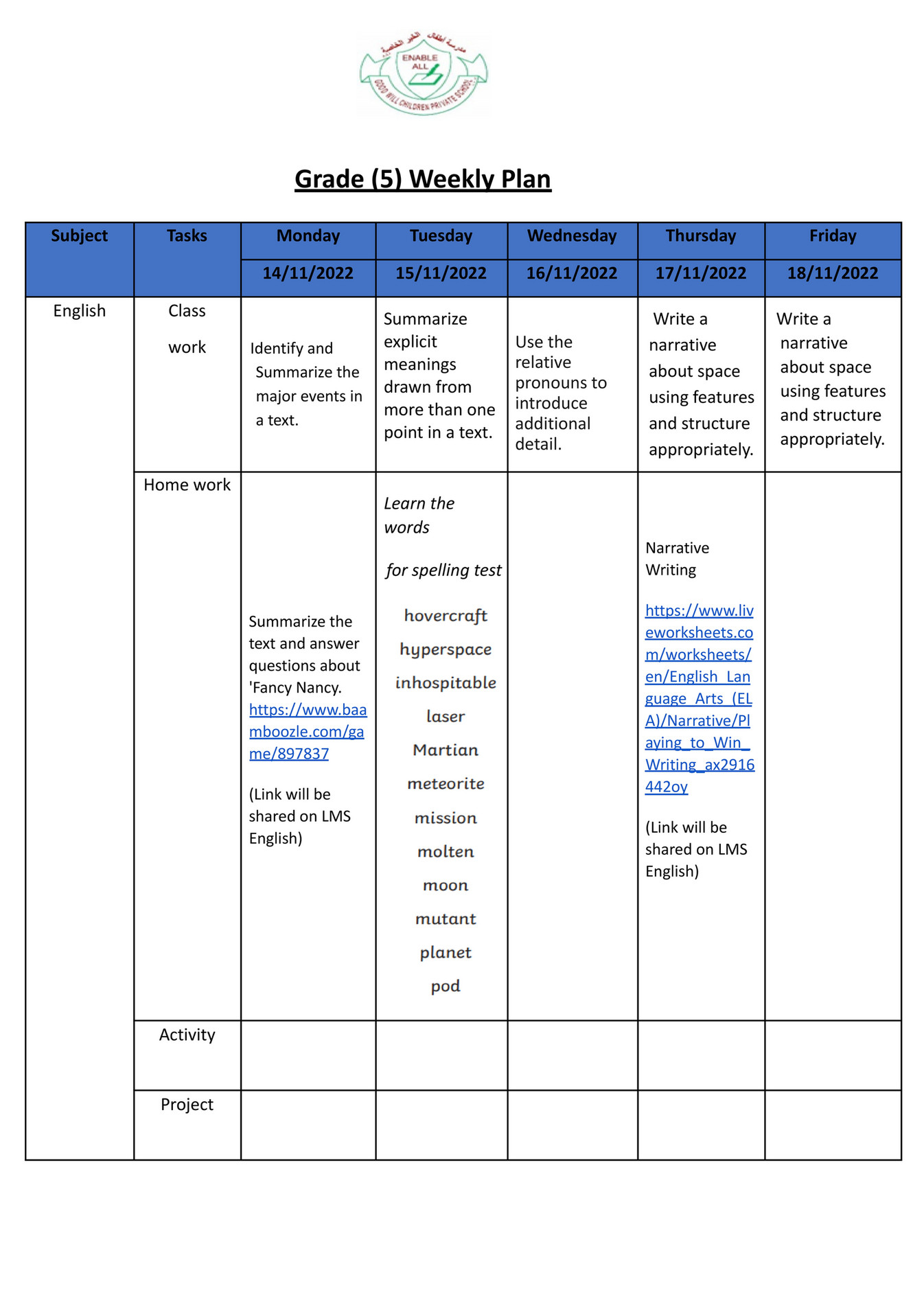 Good Will Children School - GR 5 -Weekly Plan-Week 11 - Page 1 ...