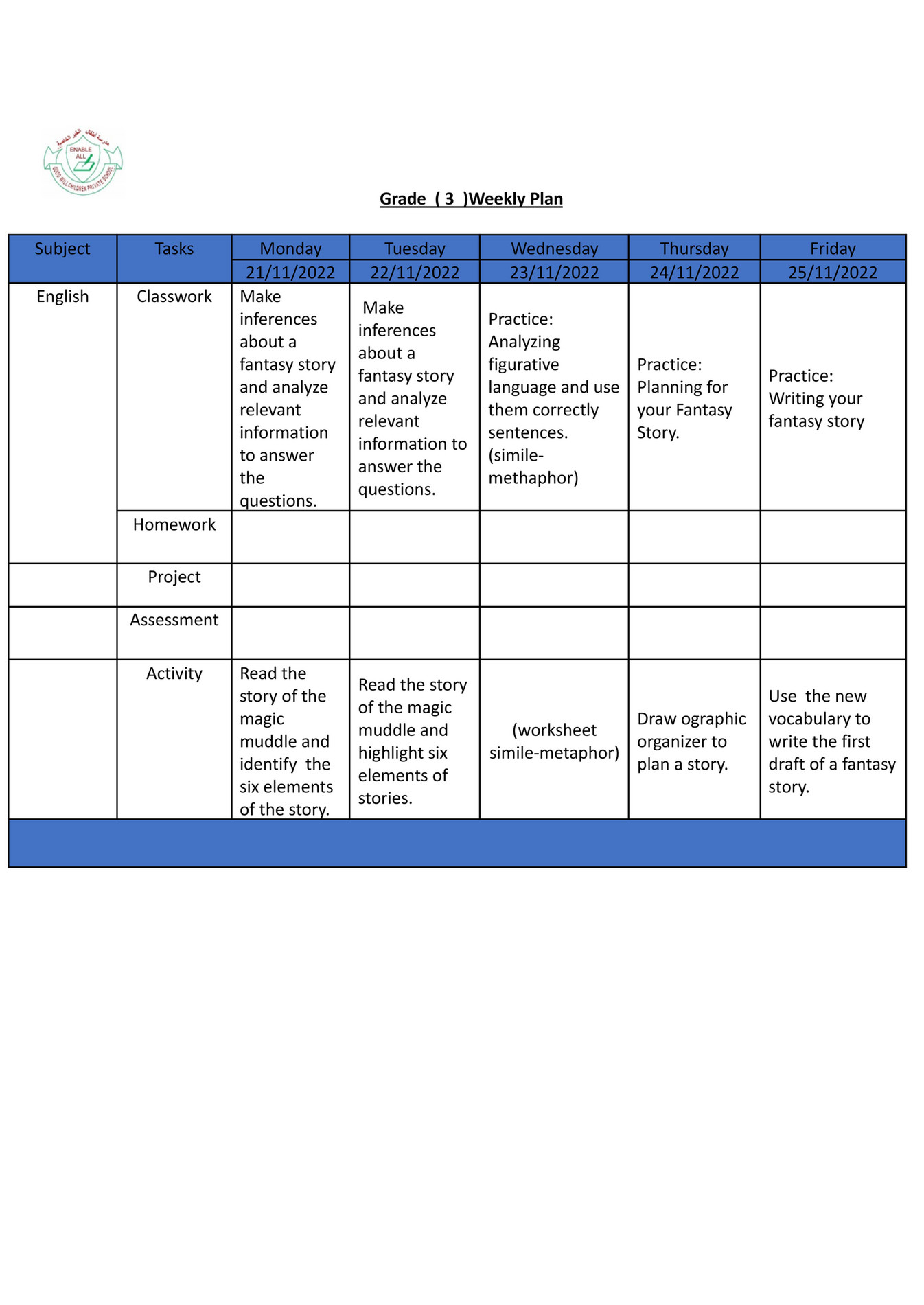 Good Will Children School - GR 3 -Weekly Plan-Week 12 - Page 1 ...