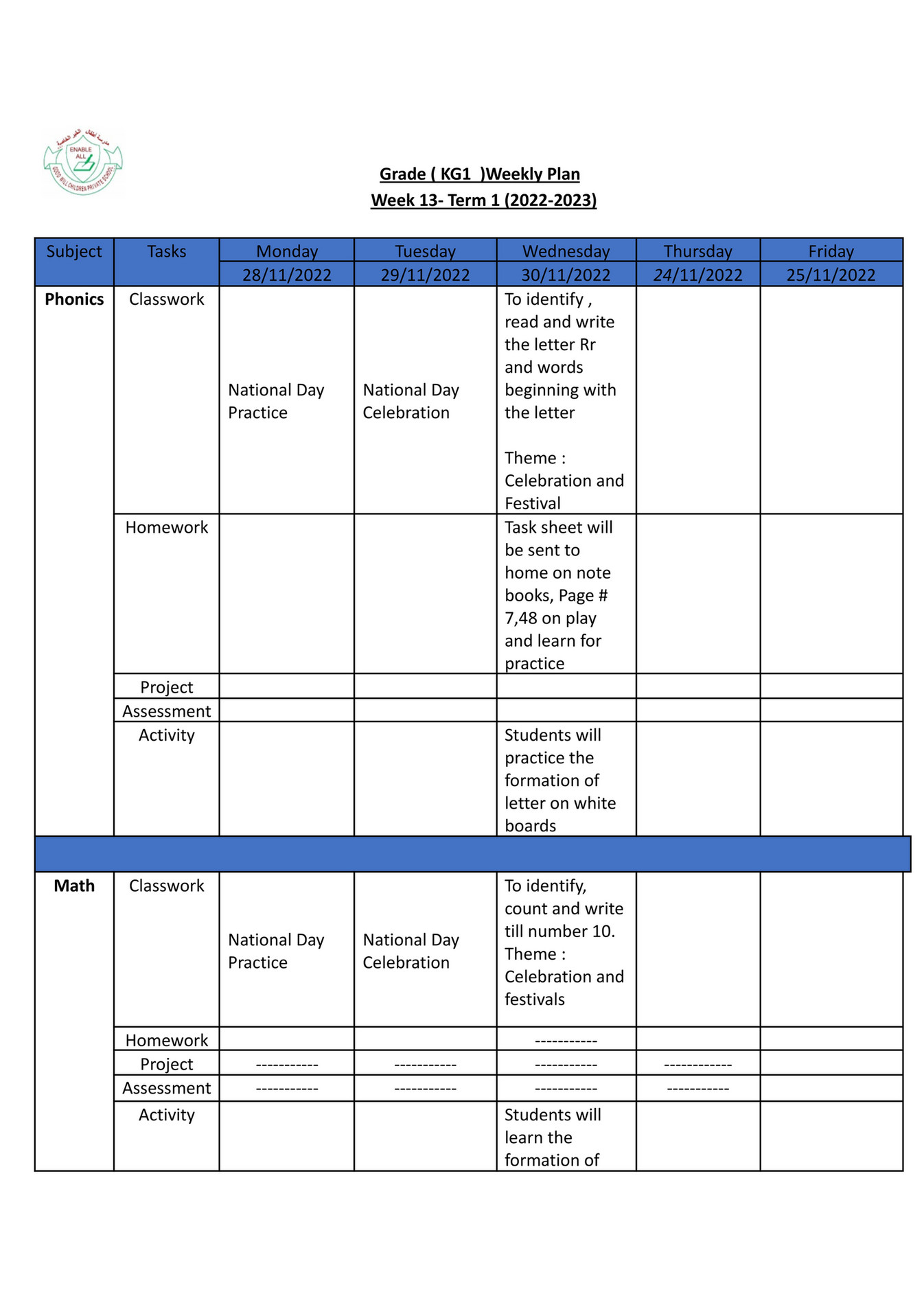 Good Will Children School - KG 1 -Weekly Plan-Week 13 - Page 1 ...