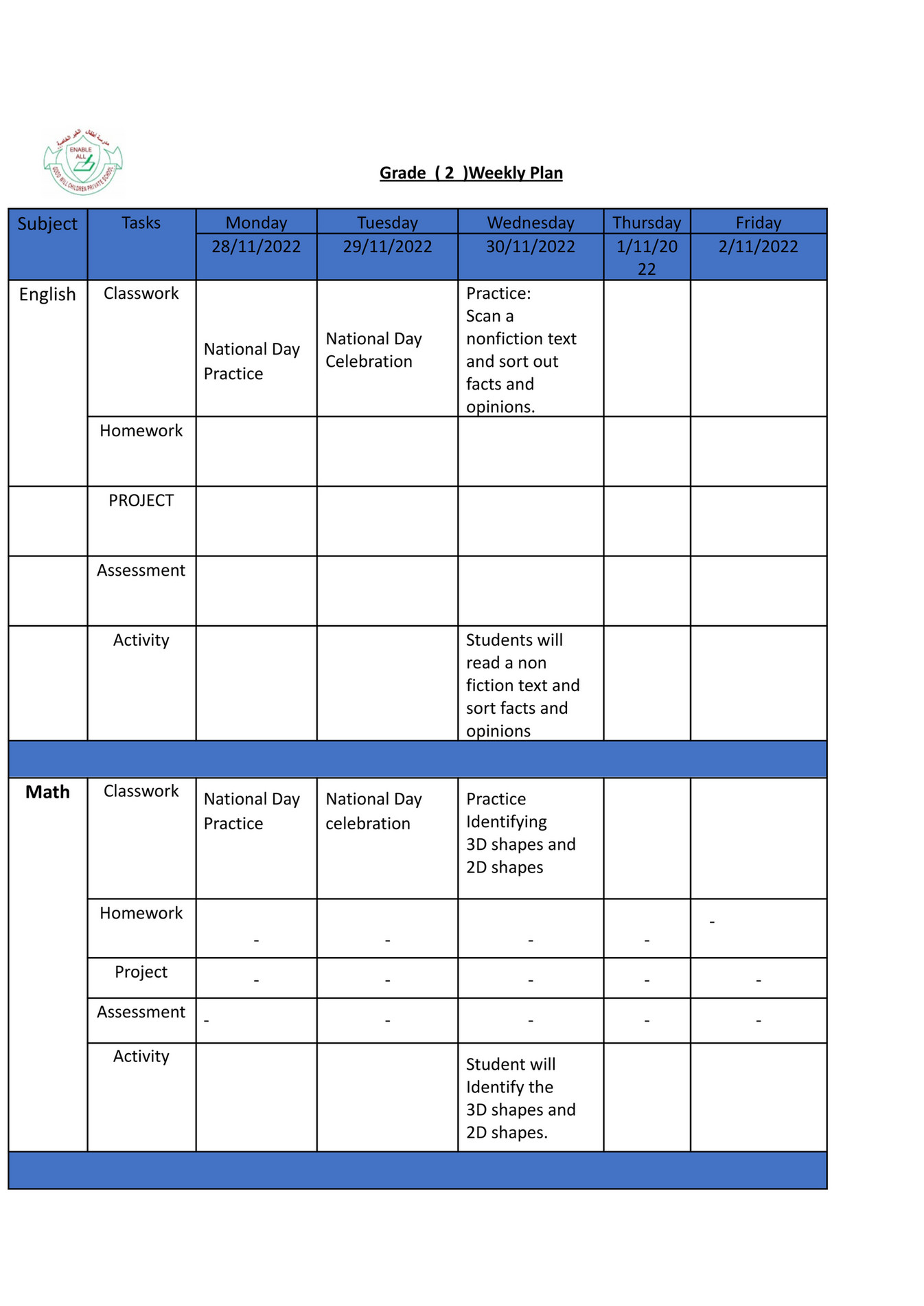 Good Will Children School - GR 2 -Weekly Plan-Week 13 - Page 1 ...