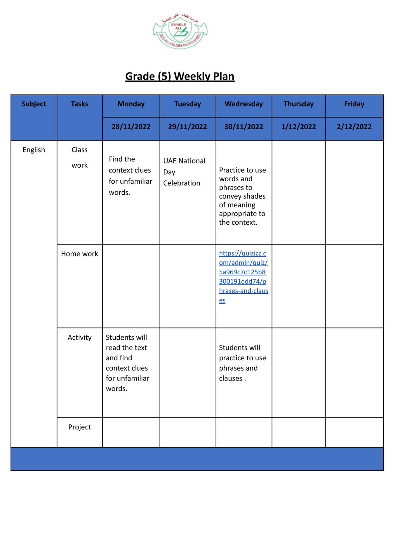 Good Will Children School - GR 5 -Weekly Plan-Week 13 - Page 1 ...