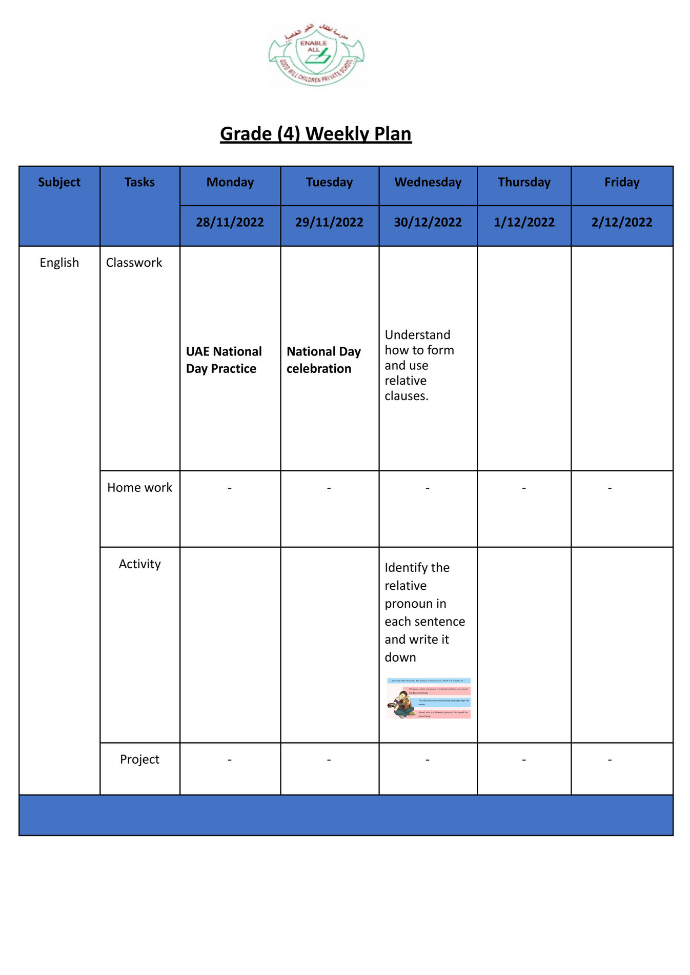 Good Will Children School - GR 4 -Weekly Plan-Week 13 - Page 1 - Created with Publitas.com