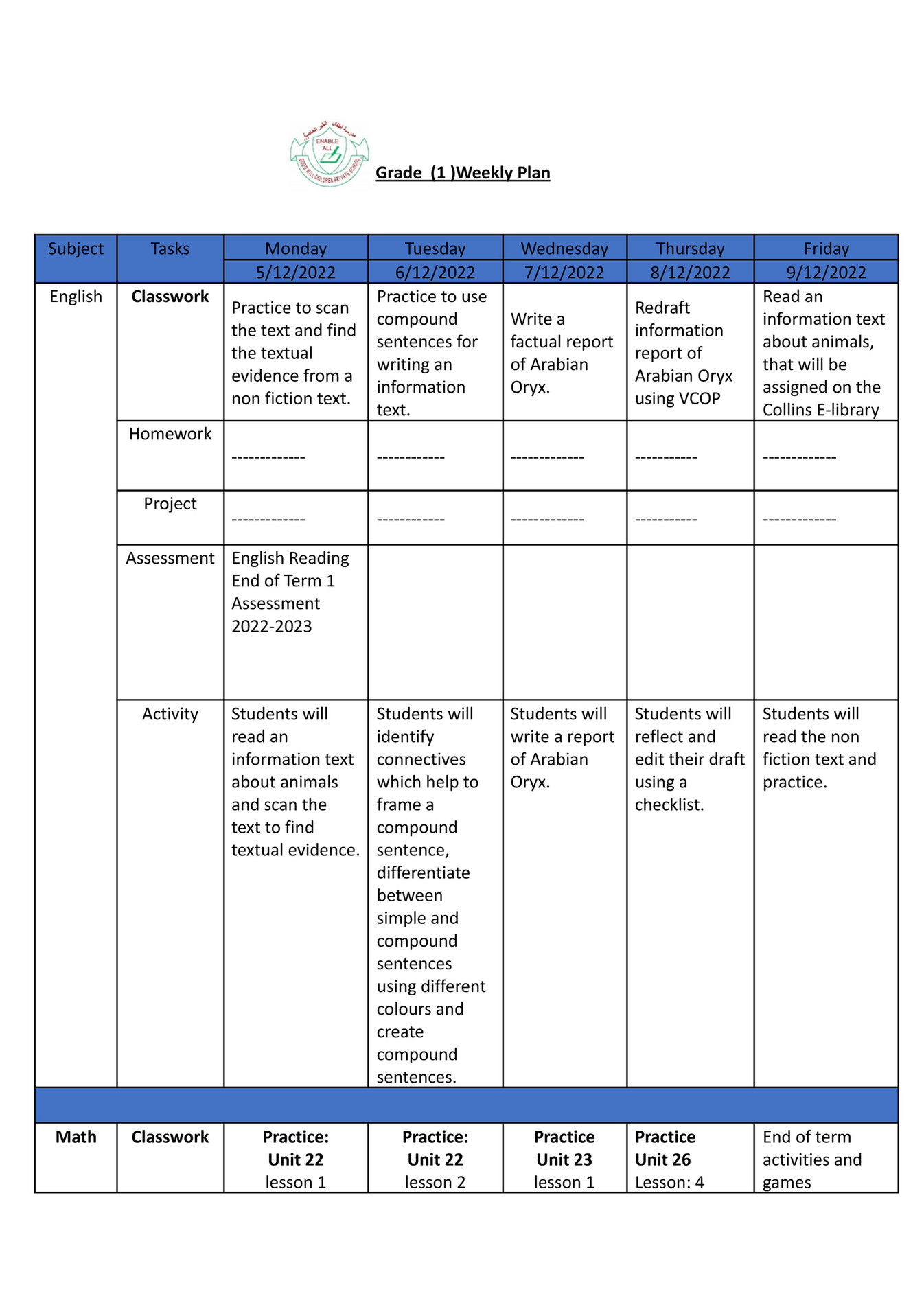 Good Will Children School - GR 1 -Weekly Plan-Week 14 - Page 1 ...