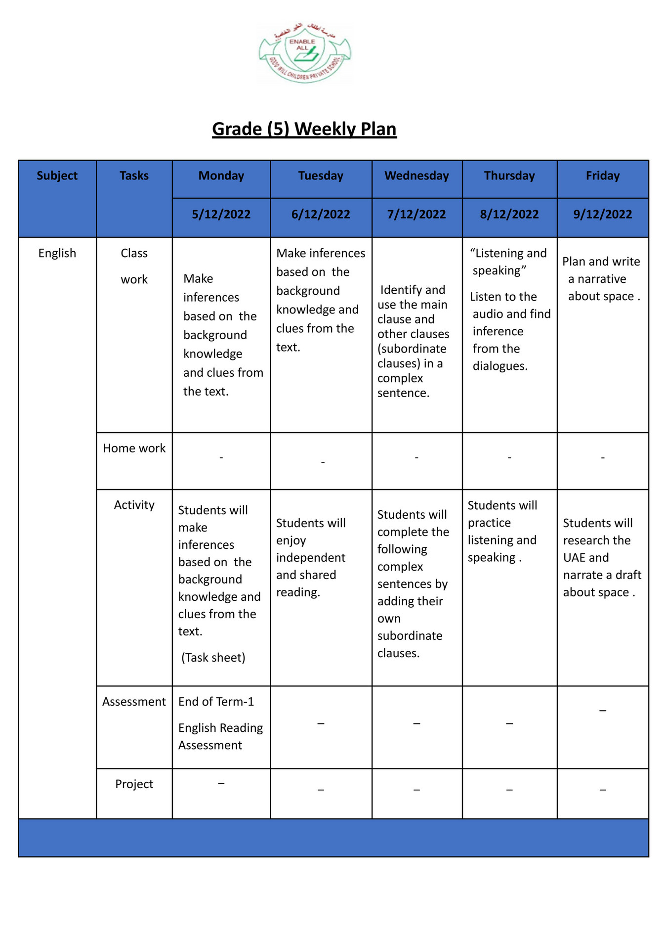 Good Will Children School - GR 5 -Weekly Plan-Week 14 - Page 1 ...