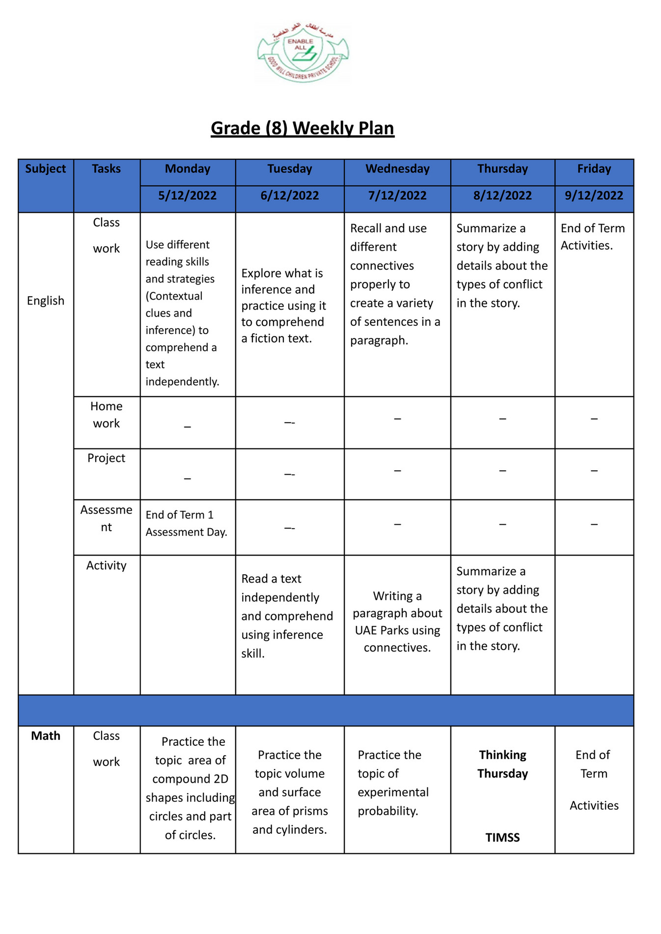 Good Will Children School - GR 8 -Weekly Plan-Week 14 - Page 1 ...