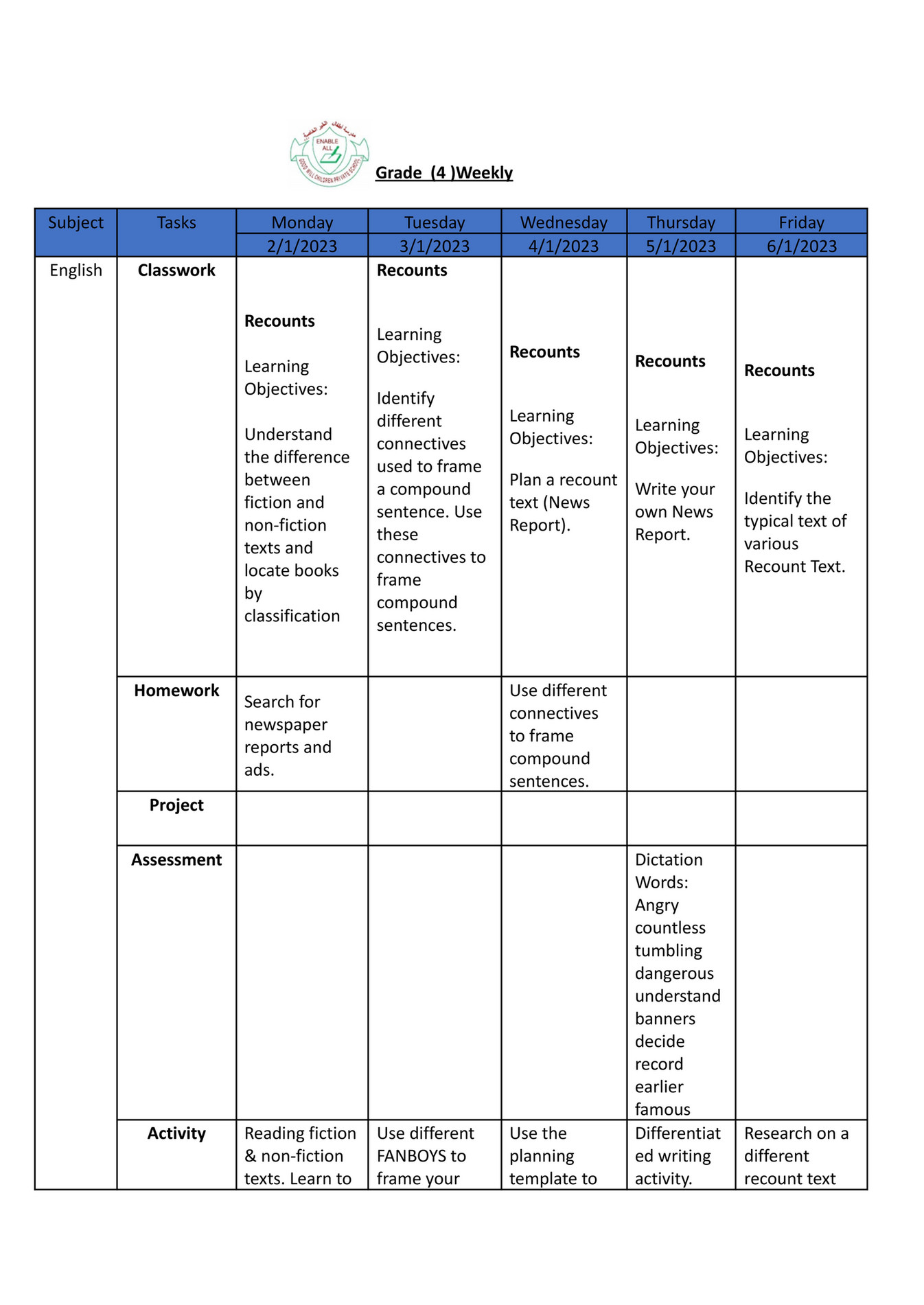 Good Will Children School - GR-4 -Weekly Plan-Term-2-Week-1 - Page 1 ...