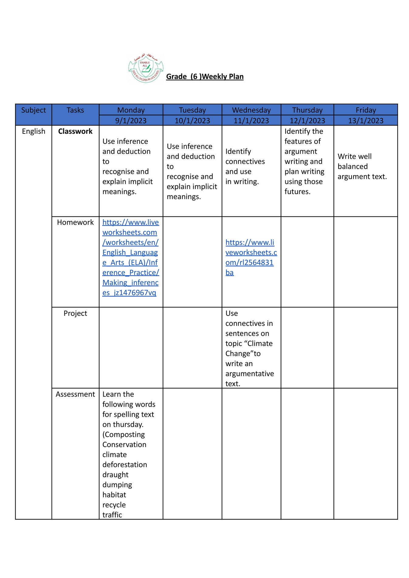 Good Will Children School - GR-6 -Weekly Plan-Term-2-Week-2 - Page 1 ...