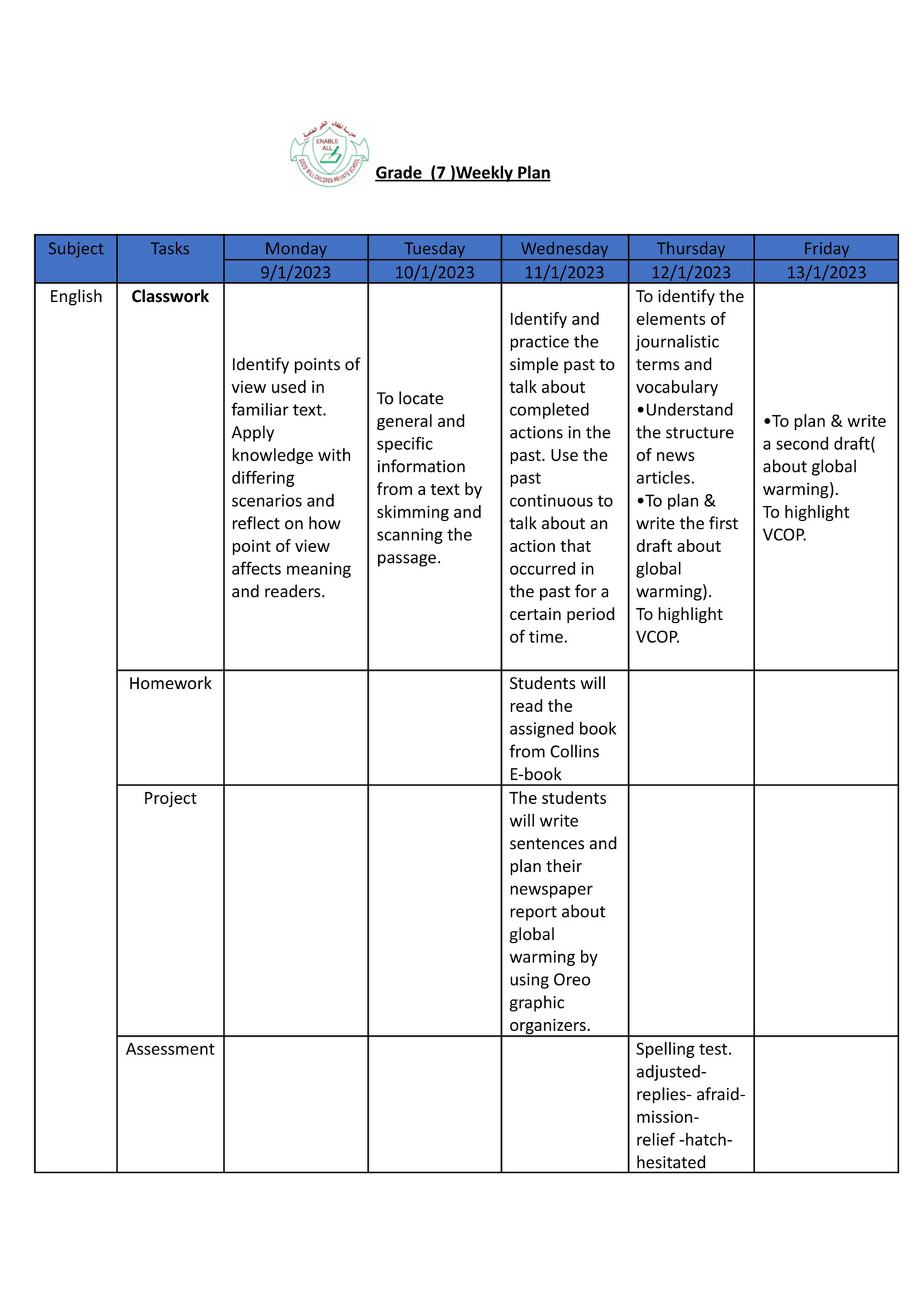 Good Will Children School - GR-7 -Weekly Plan-Term-2-Week-2 - Page 1 ...