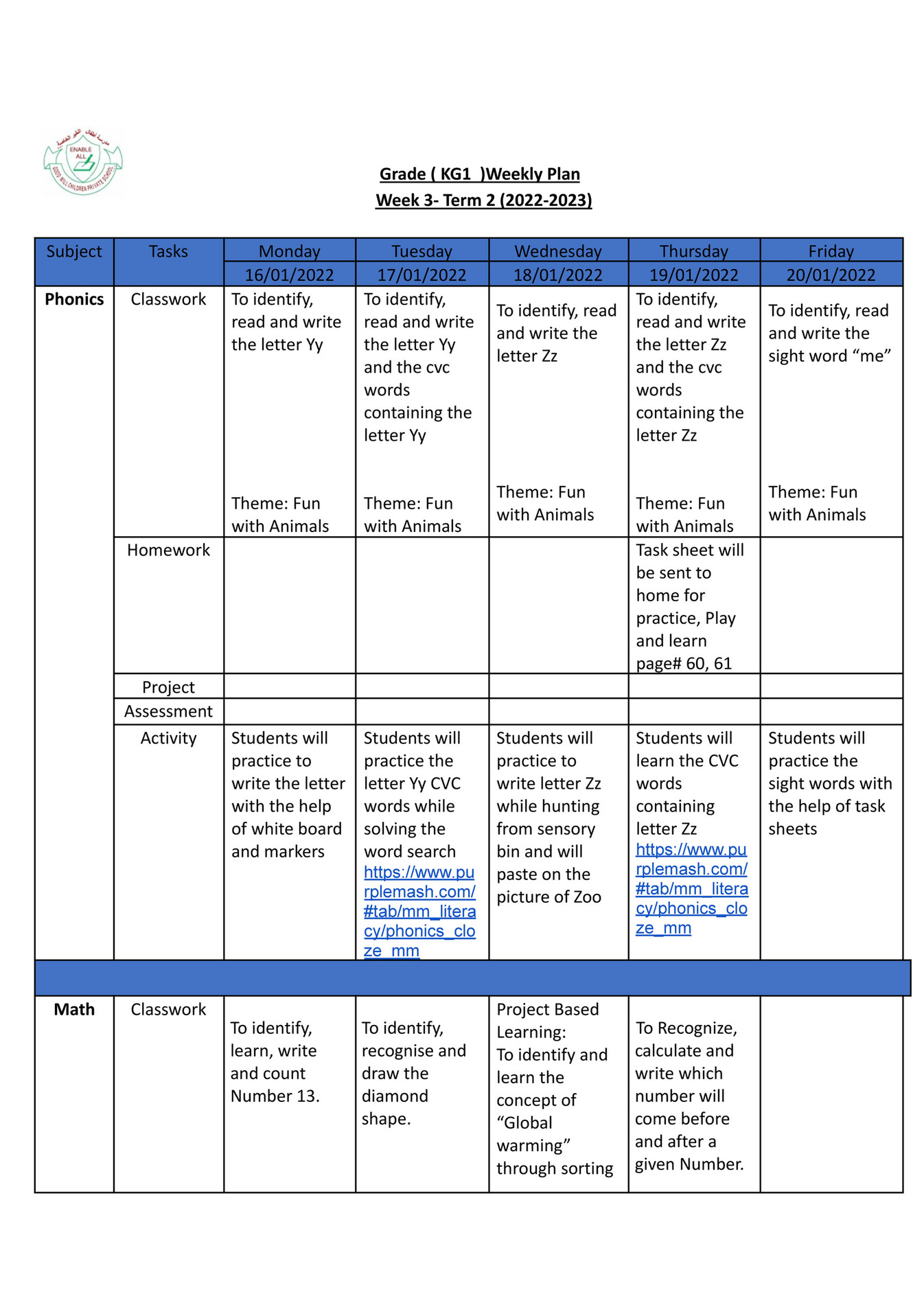 Good Will Children School - KG-1 -Weekly Plan-Term-2-Week-3 - Page 1 ...