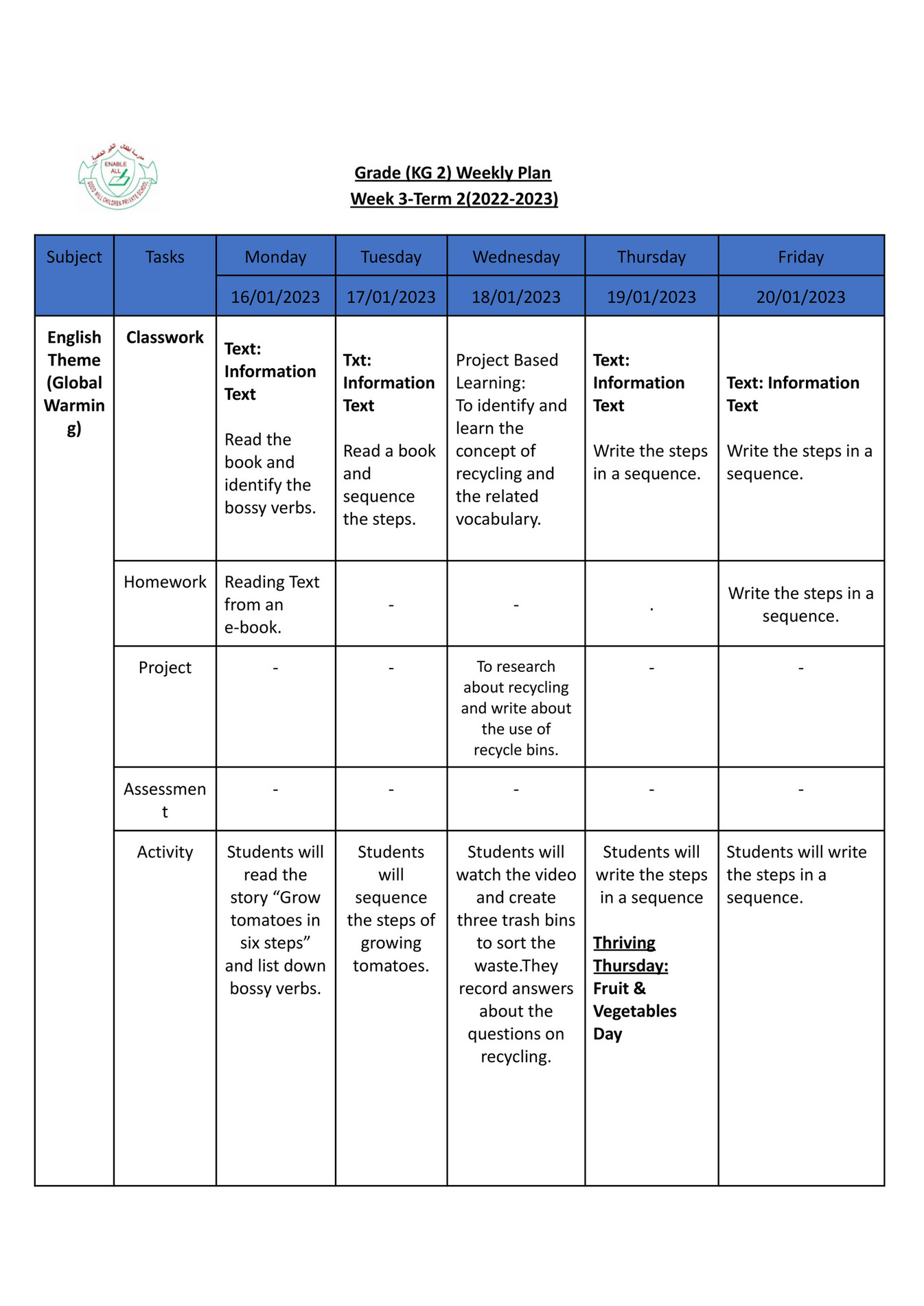 Good Will Children School - KG-2 -Weekly Plan-Term-2-Week-3 - Page 1 ...