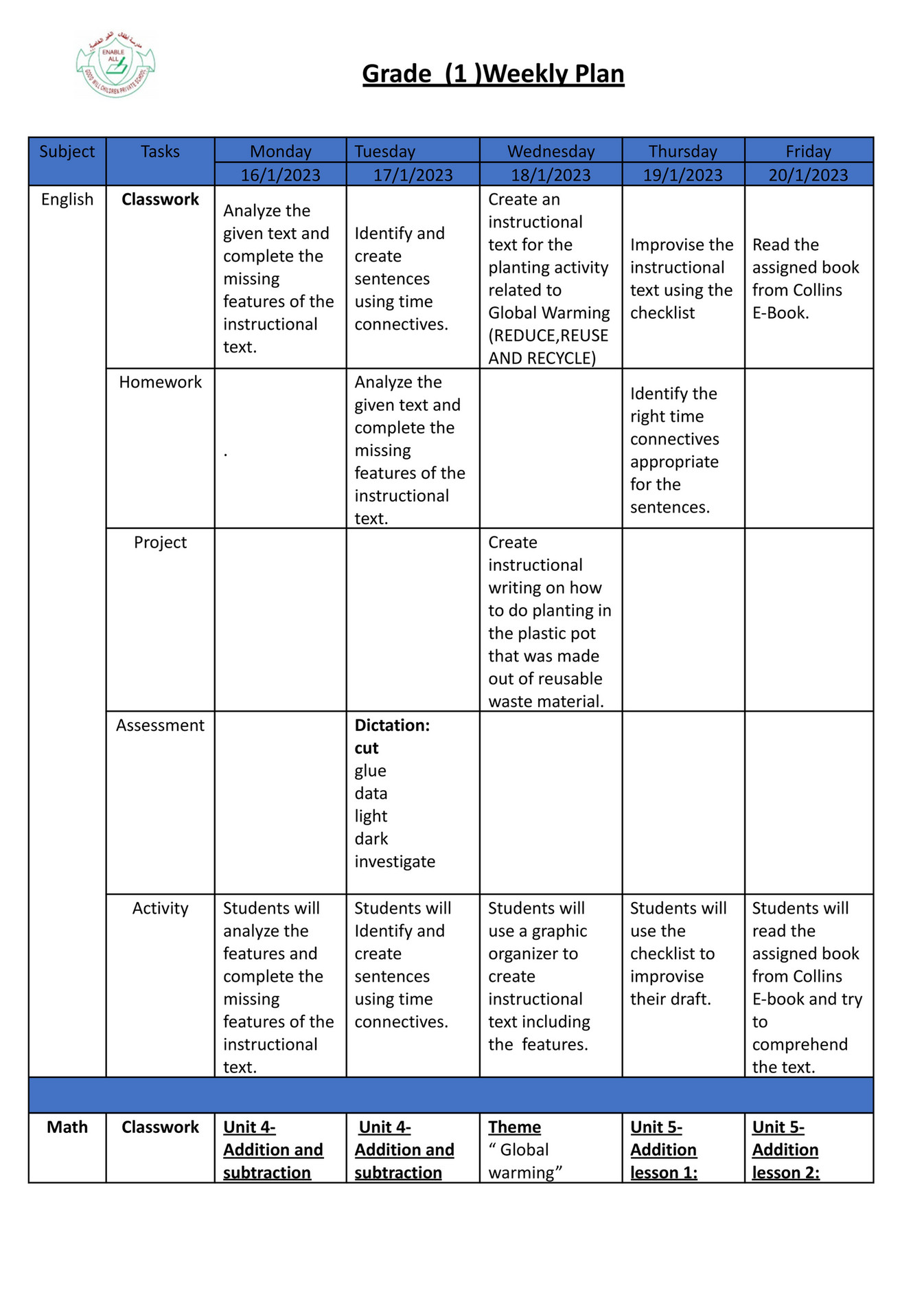 Good Will Children School - GR-1 -Weekly Plan-Term-2-Week-3 - Page 4-5 ...