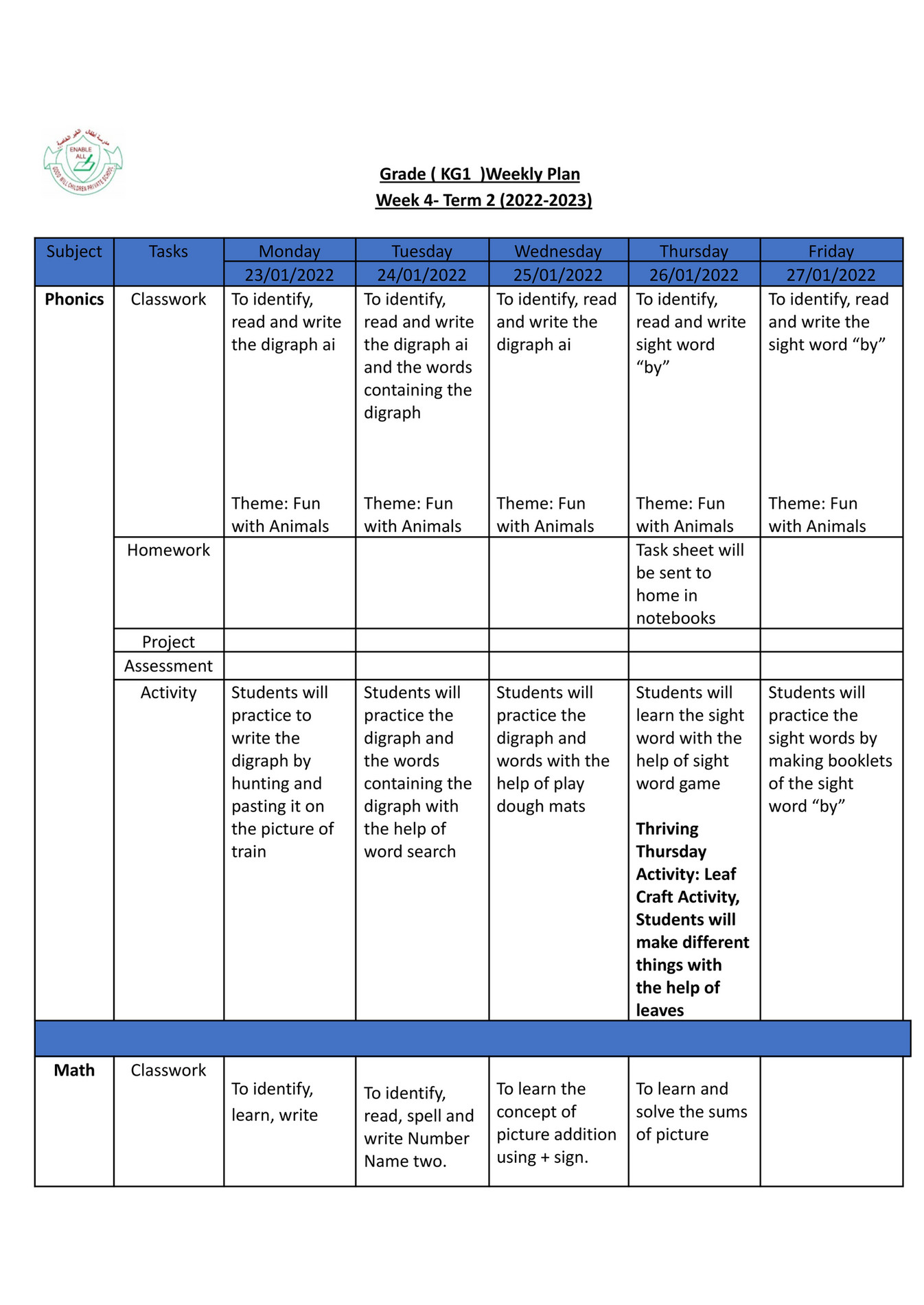 Good Will Children School - KG-1 -Weekly Plan-Term-2-Week-4 - Page 1 ...