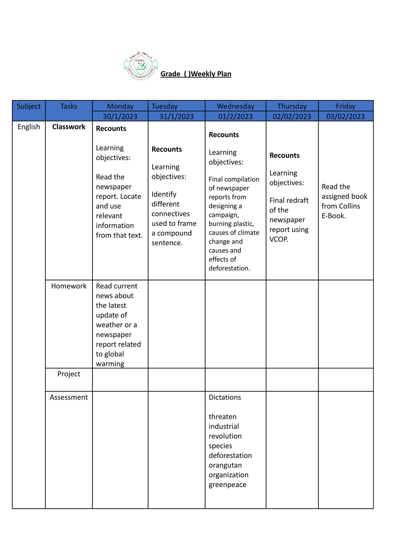 Good Will Children School - GR-4 -Weekly Plan-Term-2-Week-5 - Page 1 ...