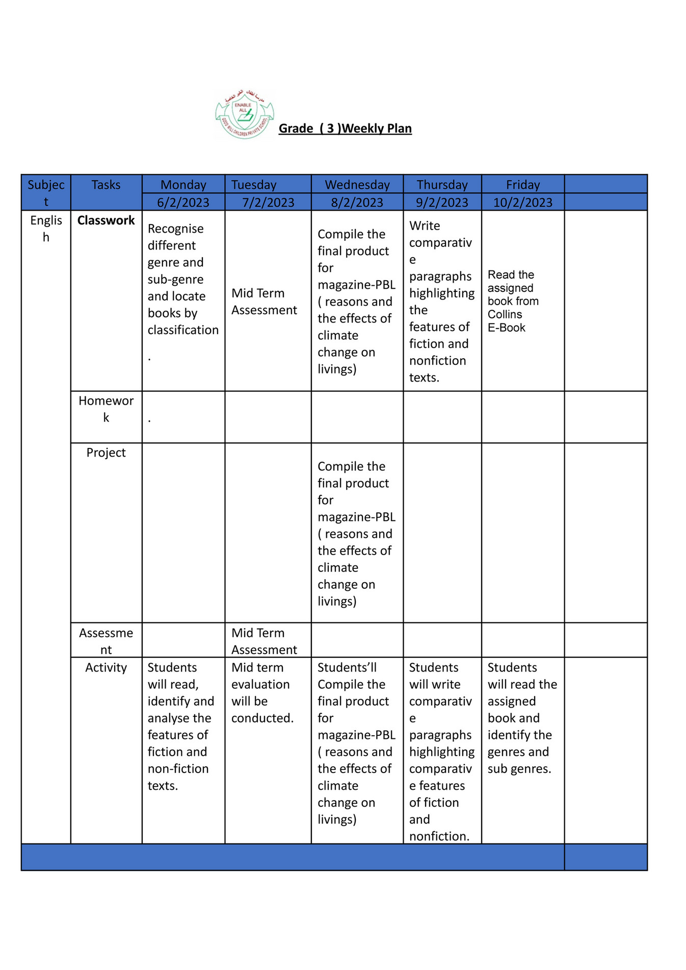 Good Will Children School - GR-3 -Weekly Plan-Term-2-Week-6 - Page 1 ...