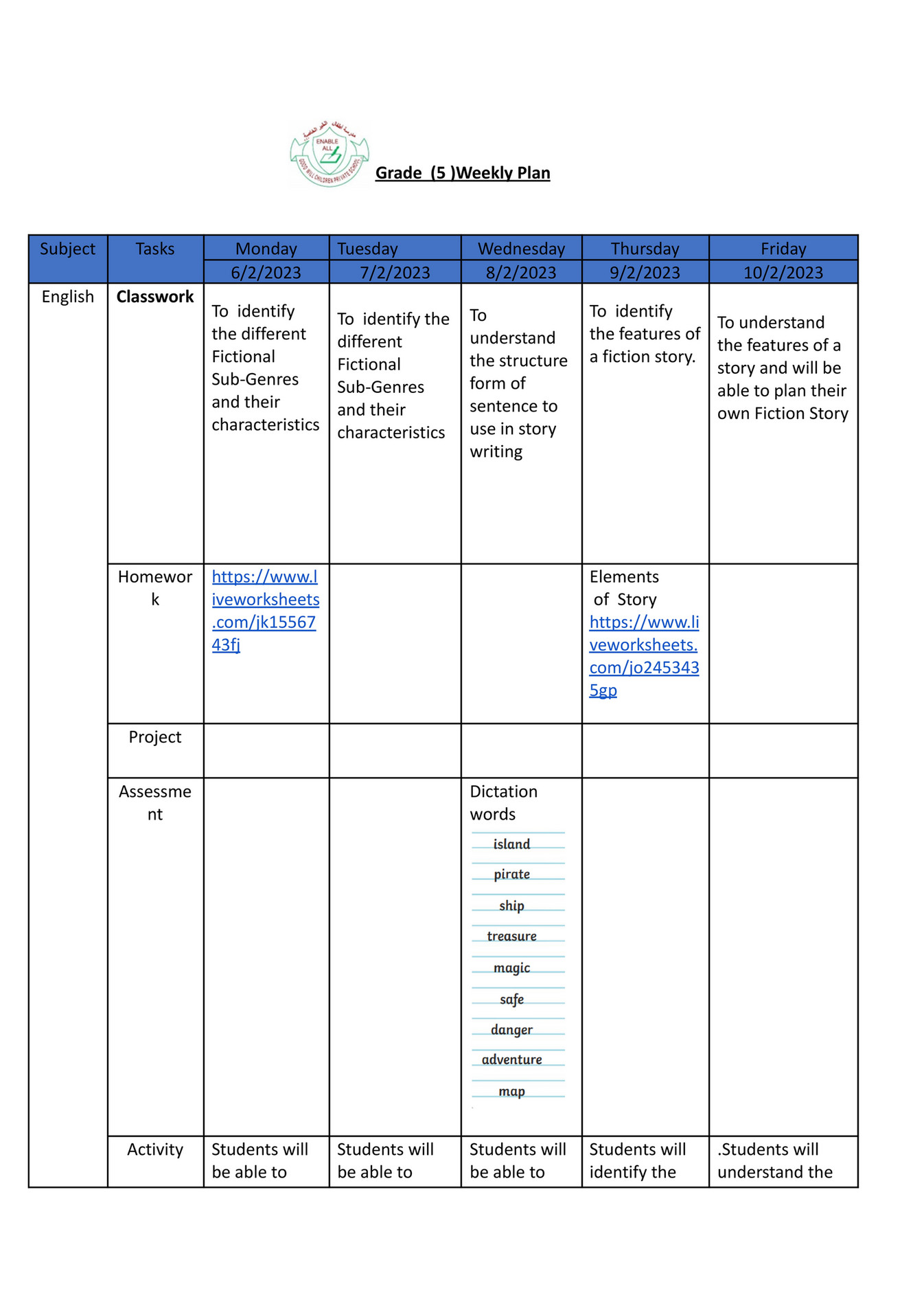 Good Will Children School - GR-5 -Weekly Plan-Term-2-Week-6 - Page 1 ...