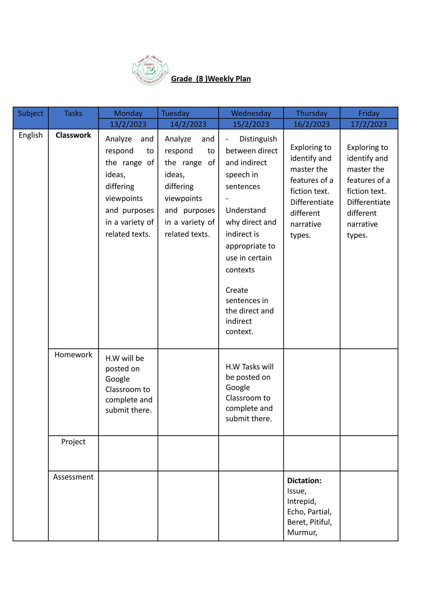 Good Will Children School - GR-8 -Weekly Plan-Term-2-Week-7 - Page 1 ...