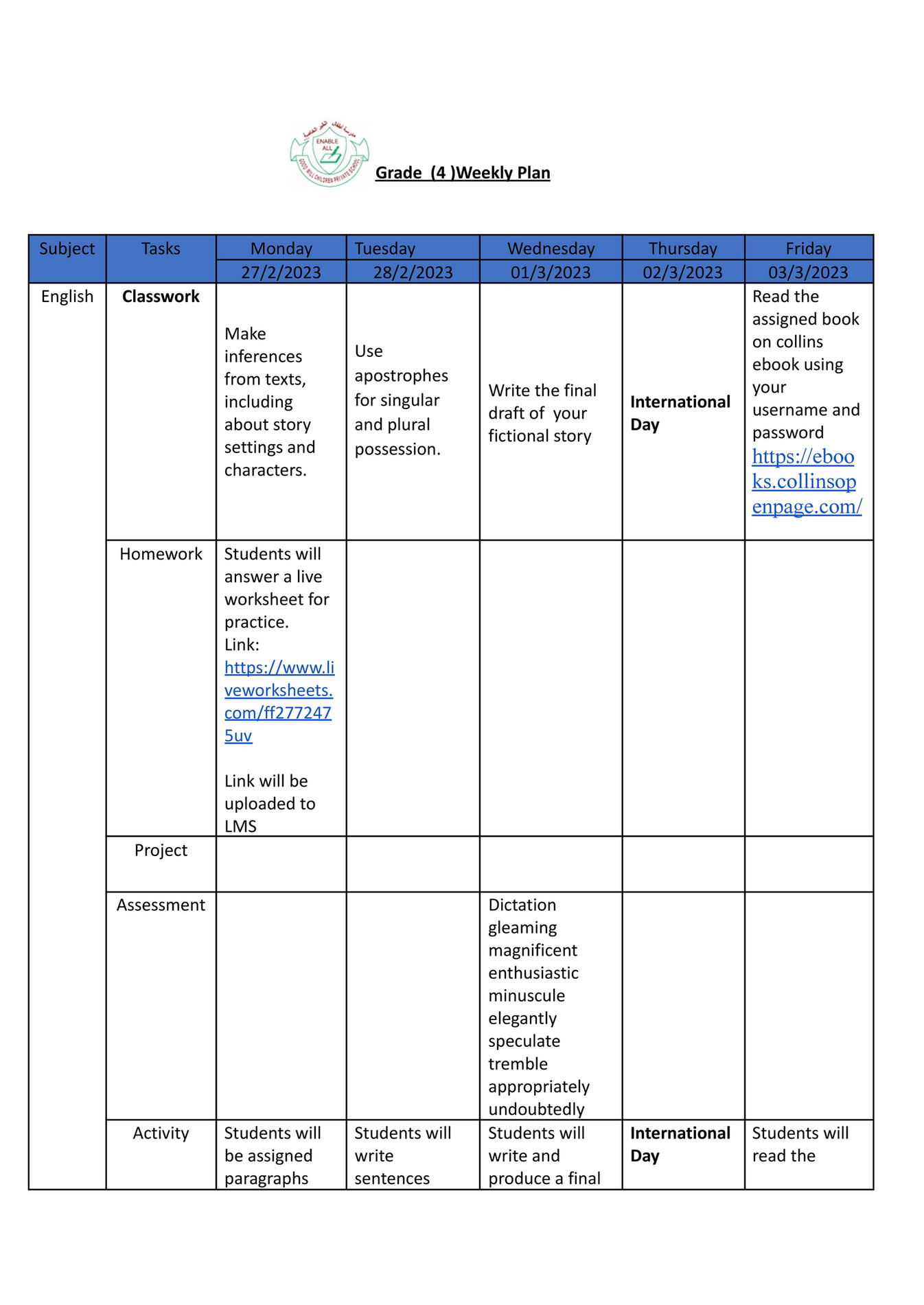 Good Will Children School - GR-4 -Weekly Plan-Term-2-Week-9 - Page 1 ...