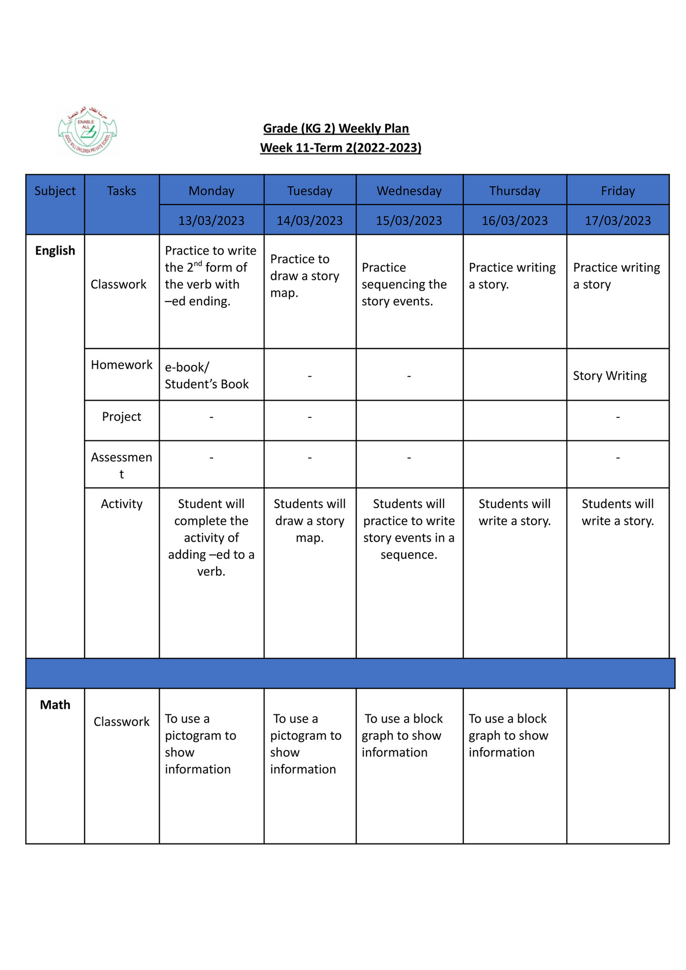 Good Will Children School - KG-2 -Weekly Plan-Term-2-Week-11 - Page 1 ...