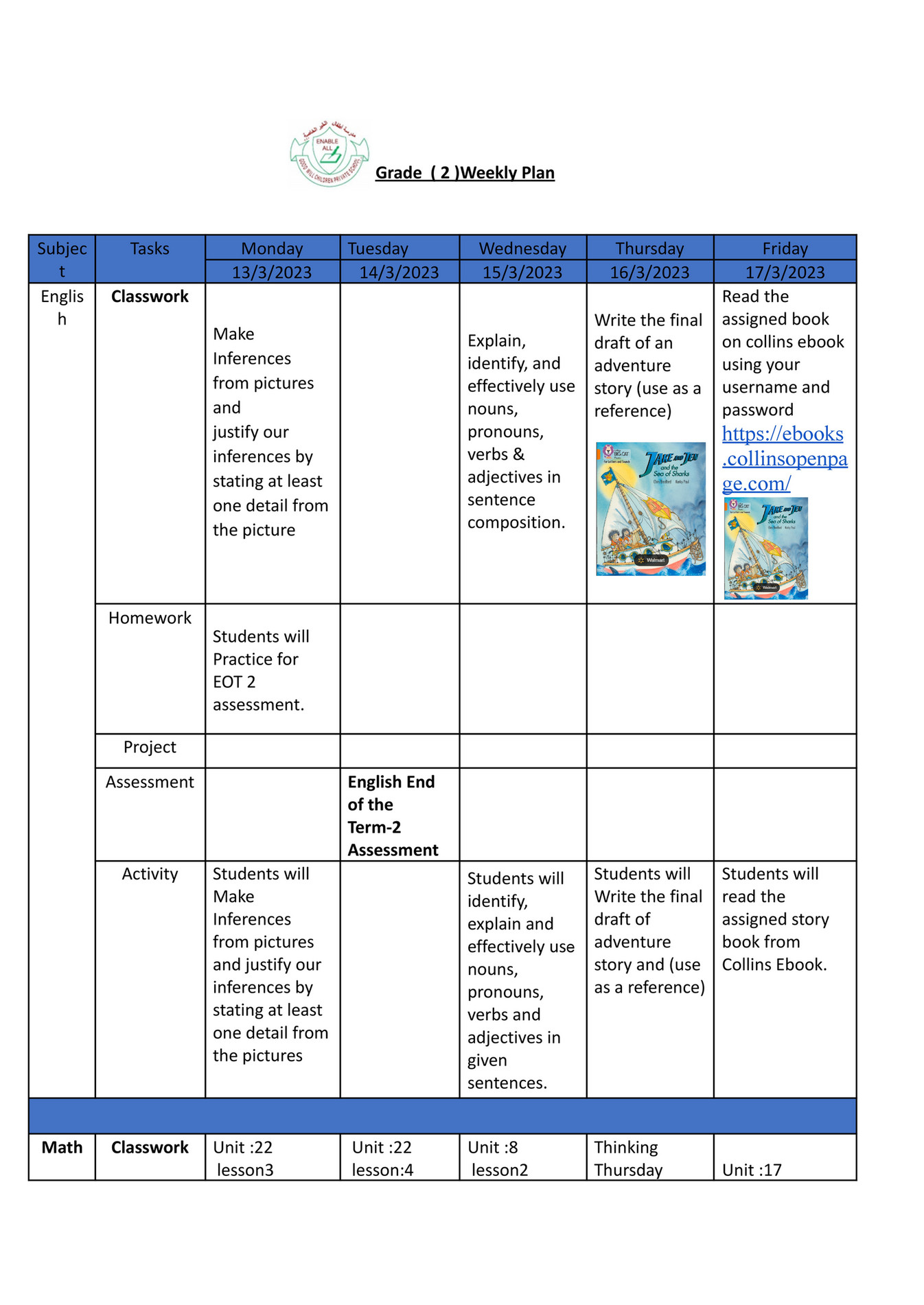 Good Will Children School - GR-2 -Weekly Plan-Term-2-Week-11 - Page 2-3 ...