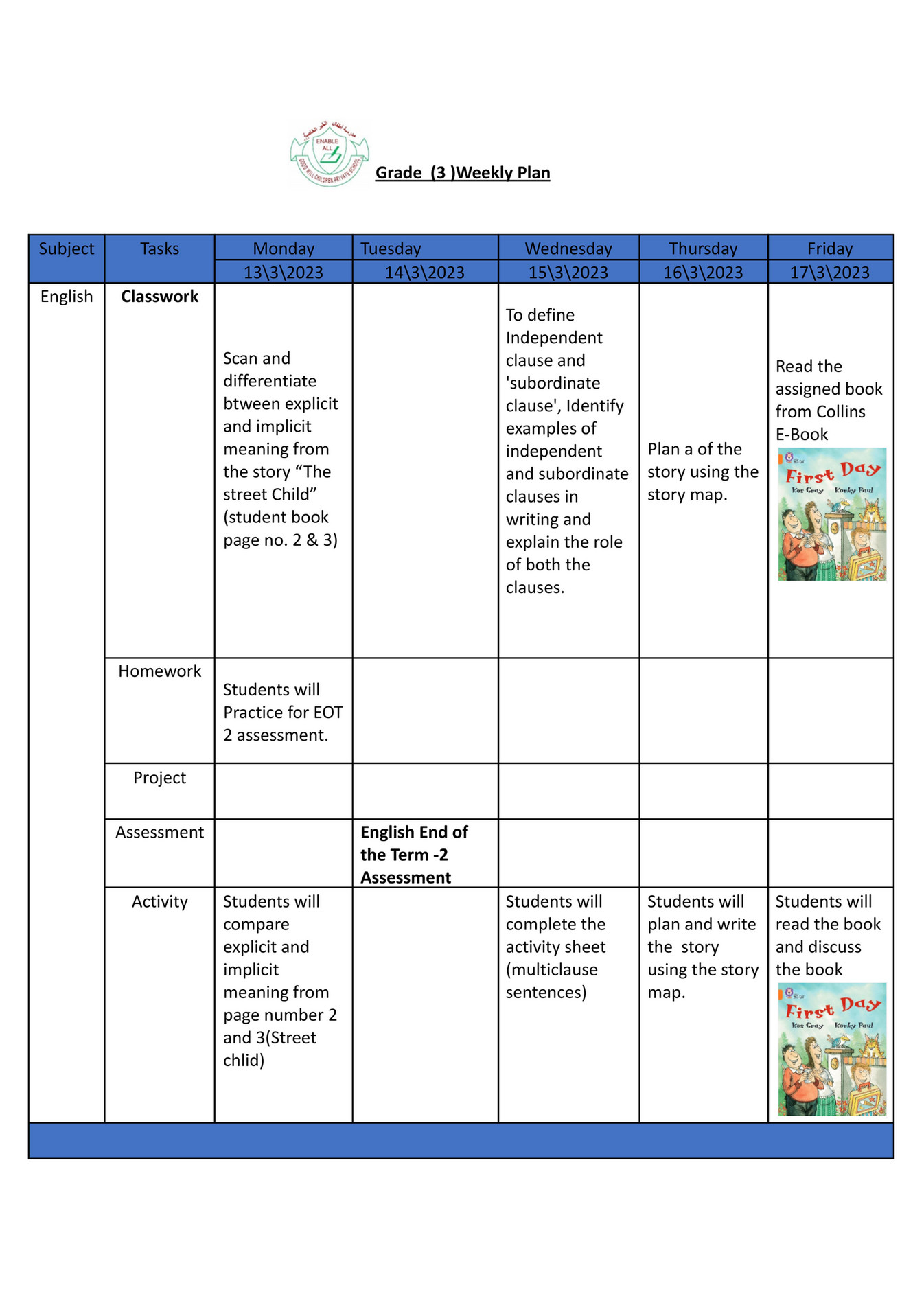 Good Will Children School - GR-3 -Weekly Plan-Term-2-Week-11 - Page 2-3 ...