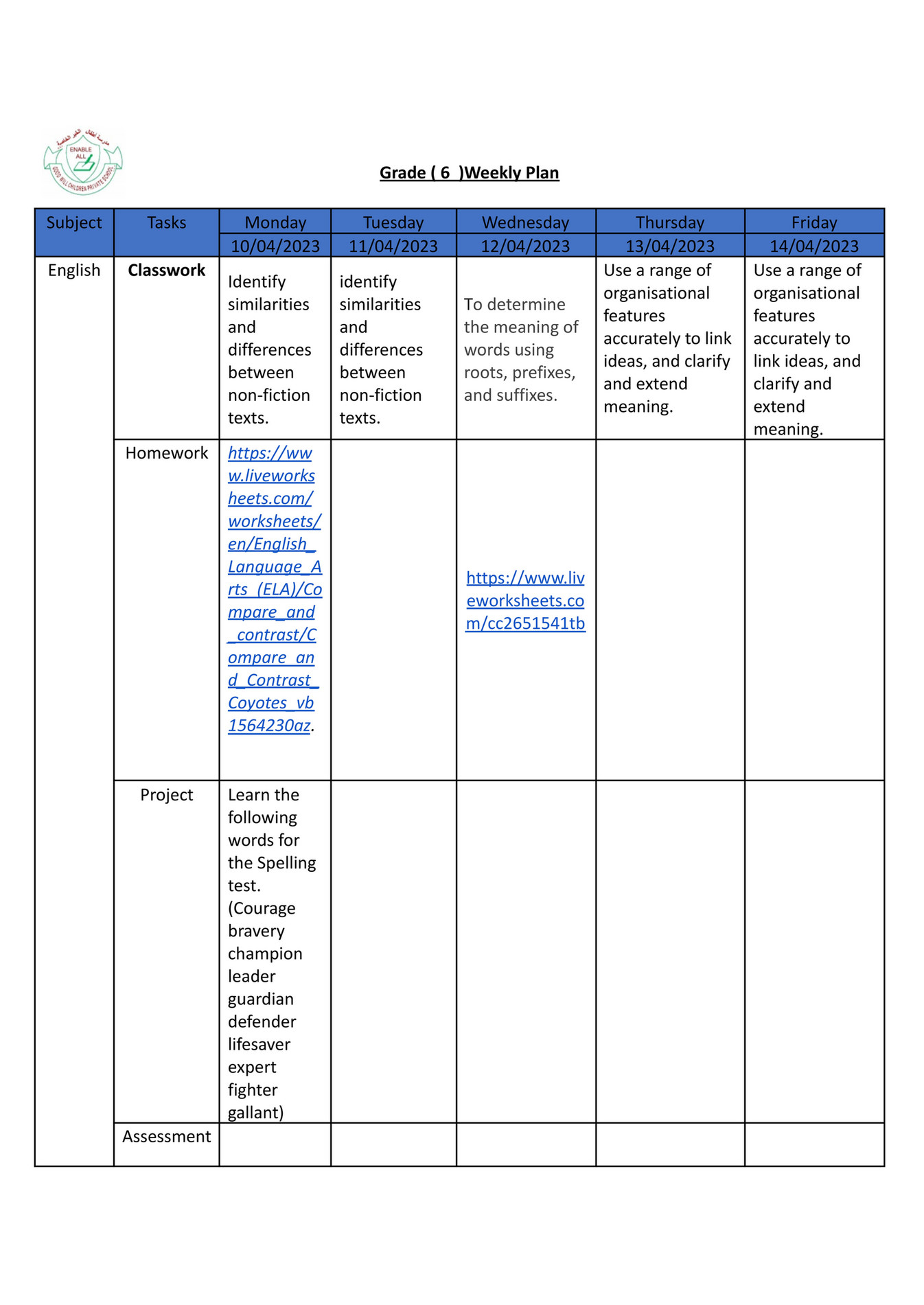 Good Will Children School - GR-6-Weekly-Plan-Term-3-Week-1 - Page 1 ...