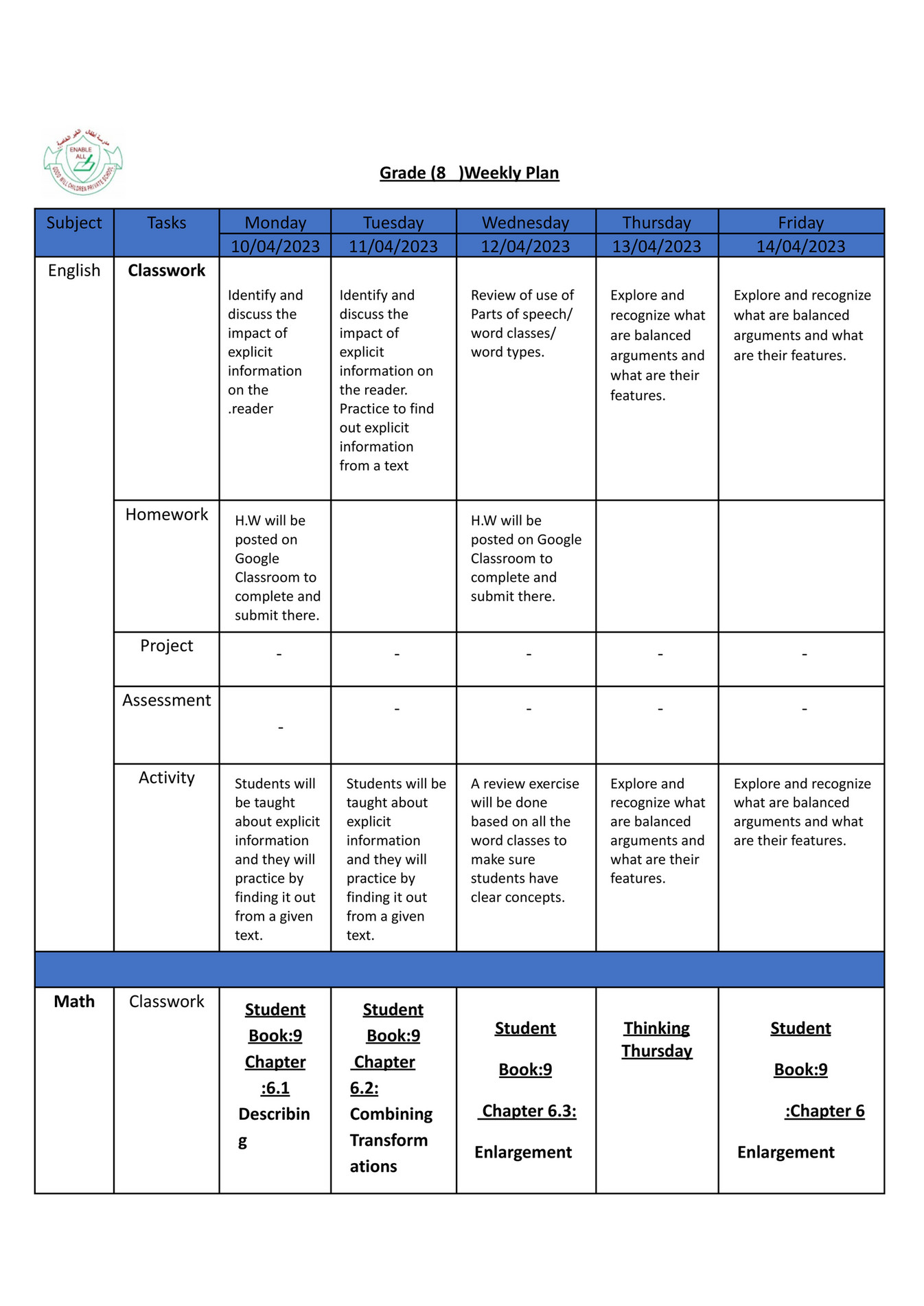 Good Will Children School - GR-8-Weekly-Plan-Term-3-Week-1 - Page 1 ...
