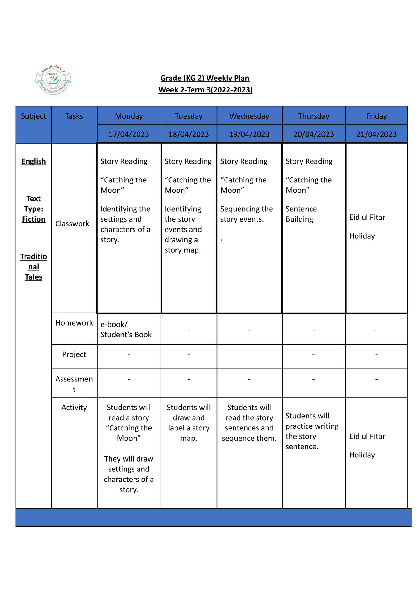 Good Will Children School - KG-2 -Weekly Plan-Term-3-Week-2 - Page 1 ...