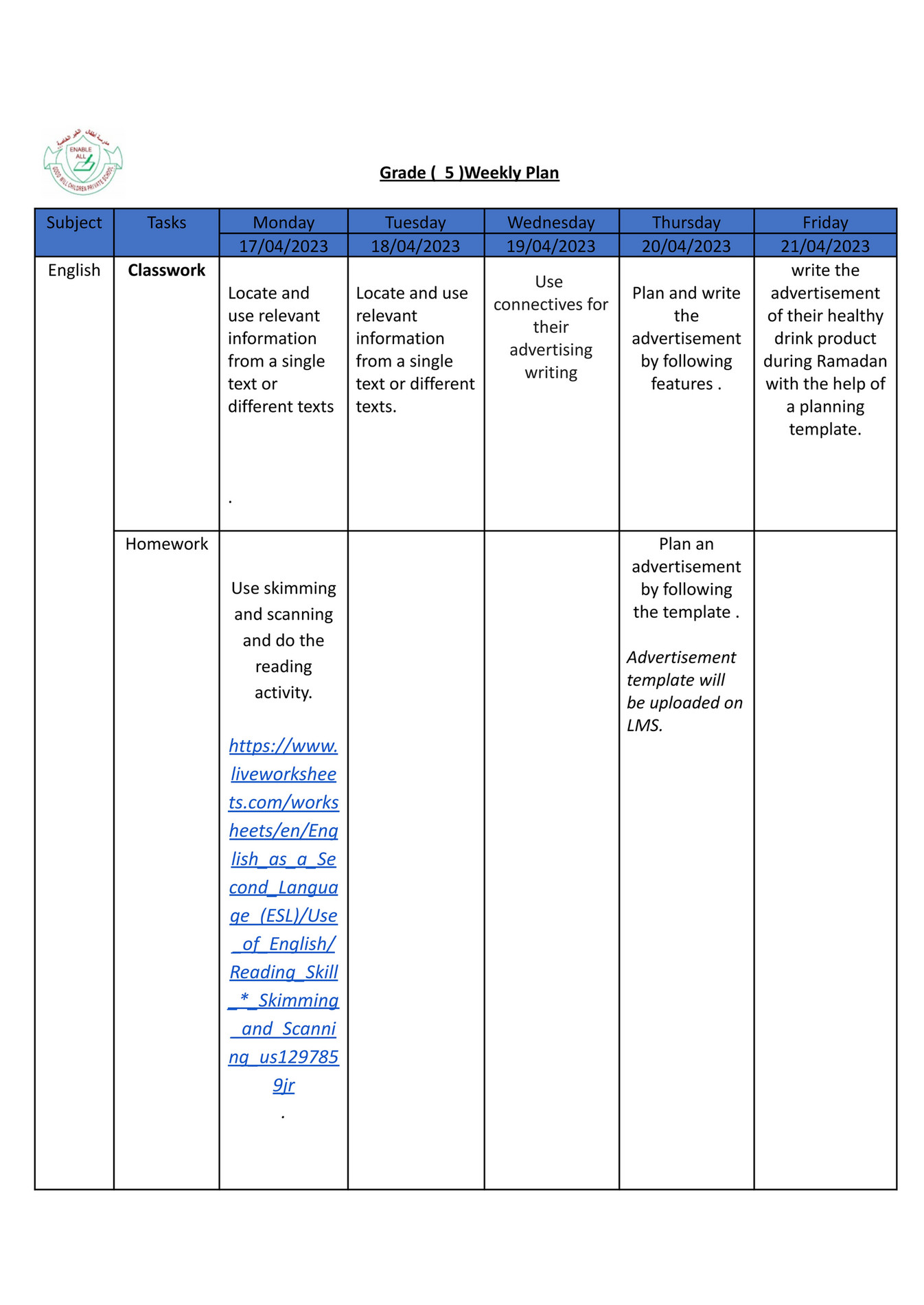 Good Will Children School - GR-5 -Weekly Plan-Term-3-Week-2 - Page 1 ...
