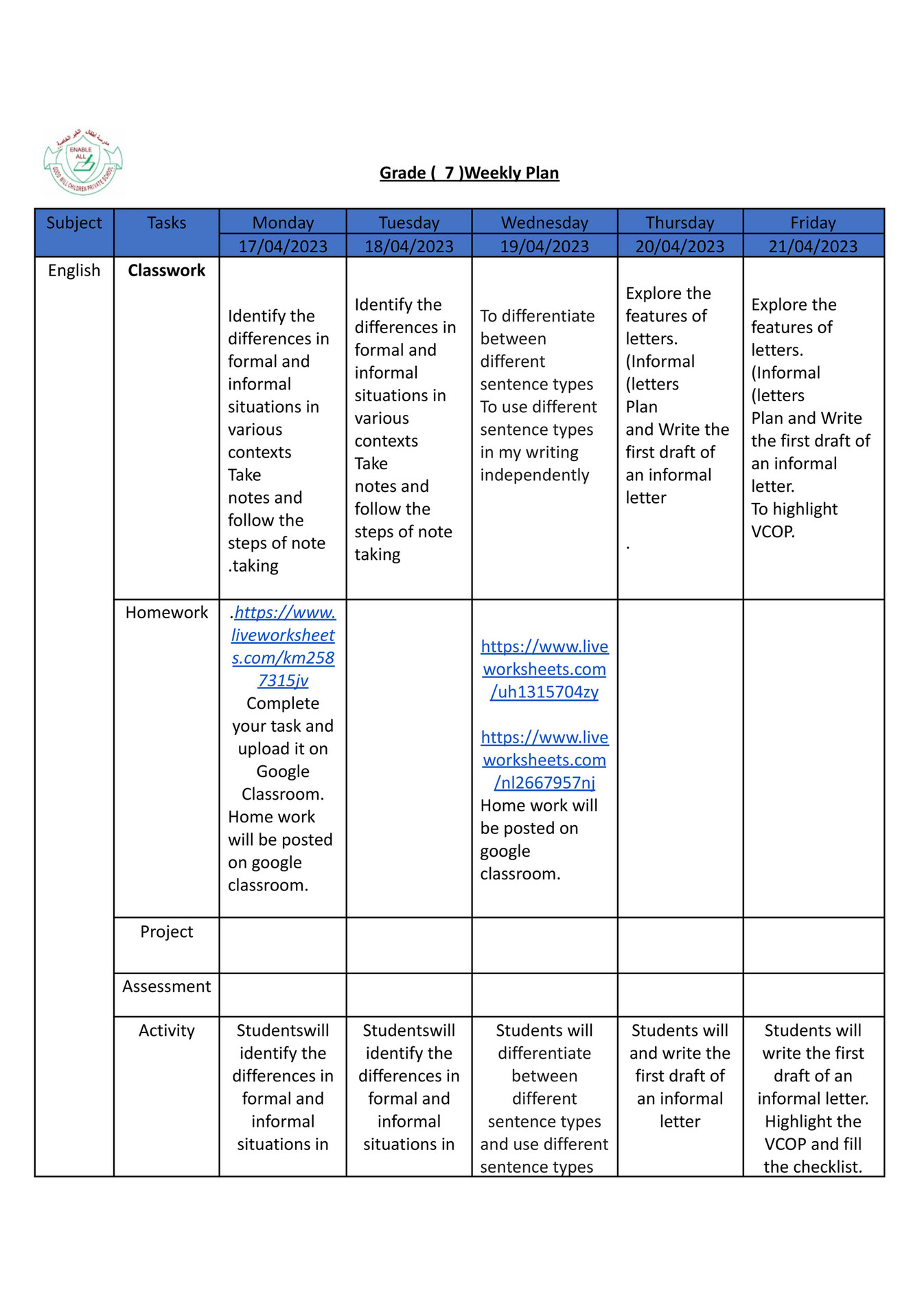 Good Will Children School - GR-7 -Weekly Plan-Term-3-Week-2 - Page 1 ...