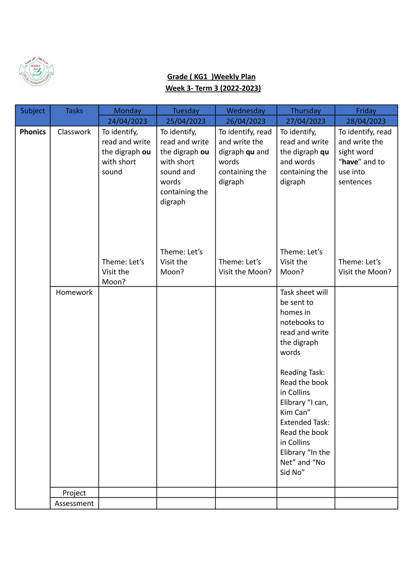 Good Will Children School - KG-1 -Weekly Plan-Term-3-Week-3 - Page 1 ...